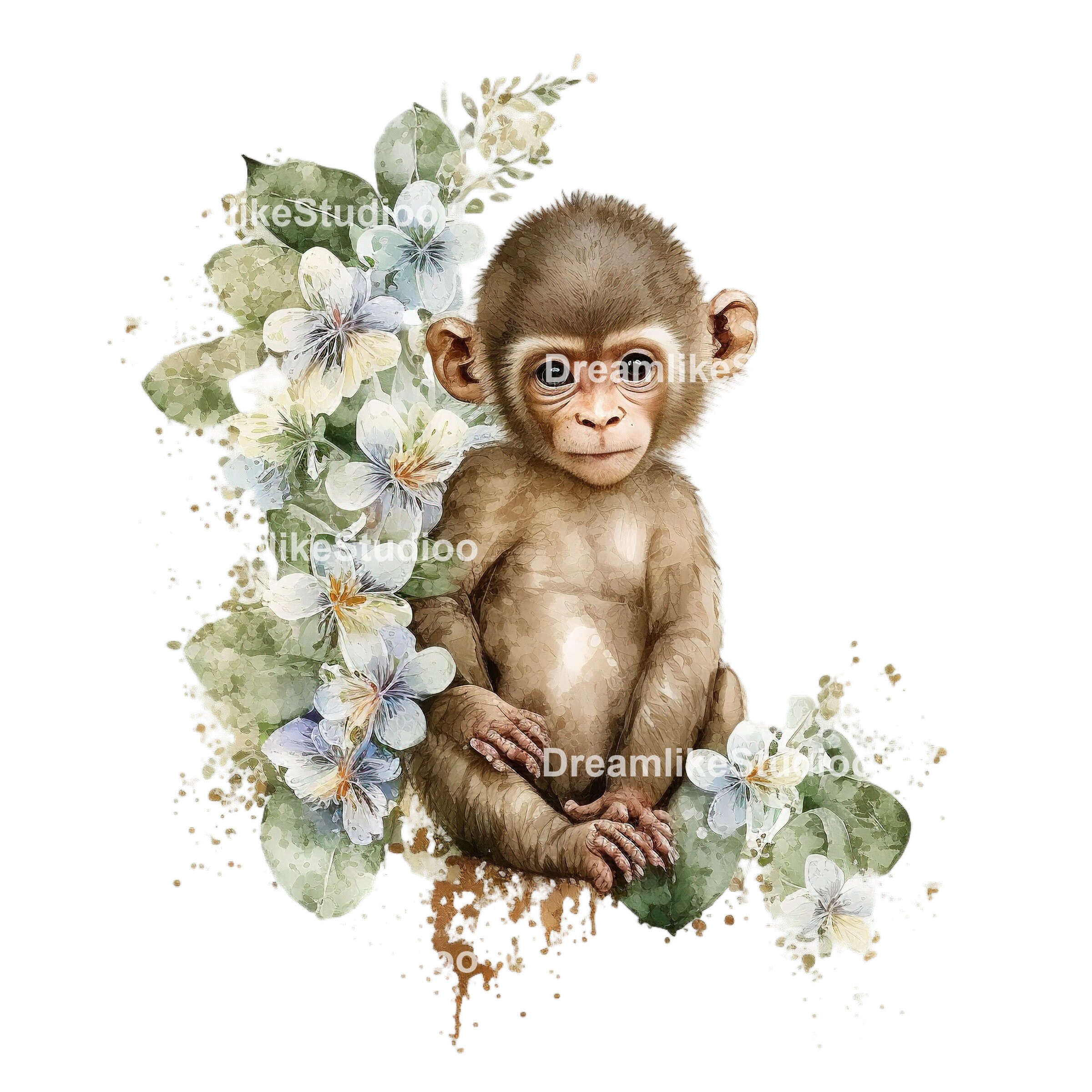 Watercolor Baby Monkey Clipart, Commercial Use Floral Monkey PNG ...
