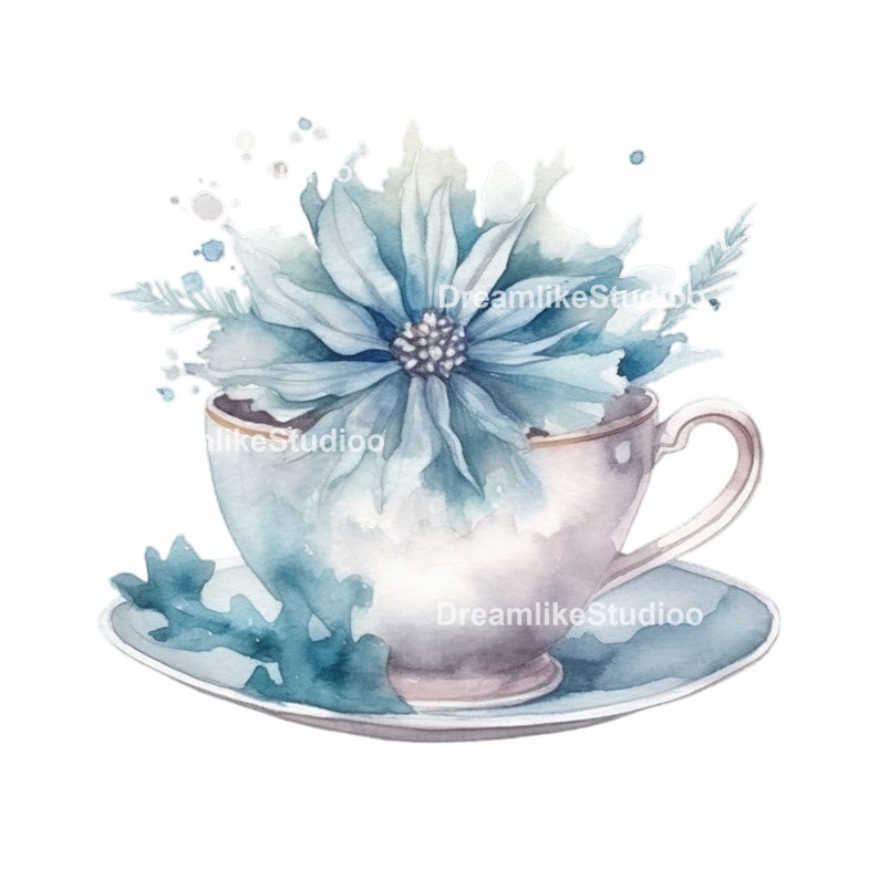 Winter Tea Party Clipart, Watercolor Tea Cup PNG Commercial Use Clipart ...