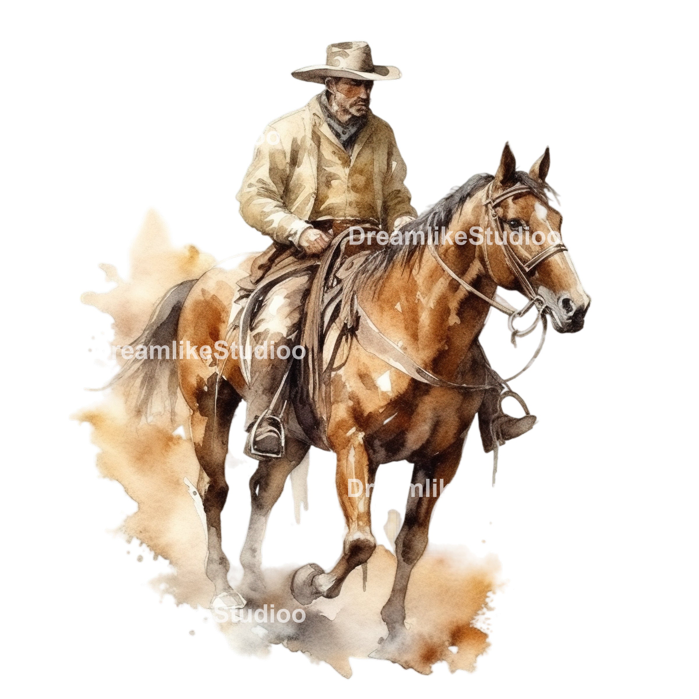 Watercolor Cowboy Clipart, Commercial Use Cowboy and Horse PNG Clipart ...