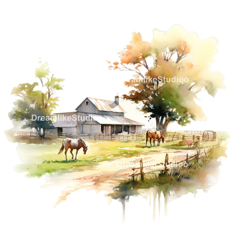 Watercolor Farm Landscape Clipart, Commercial Use Landscape PNG, Farm ...