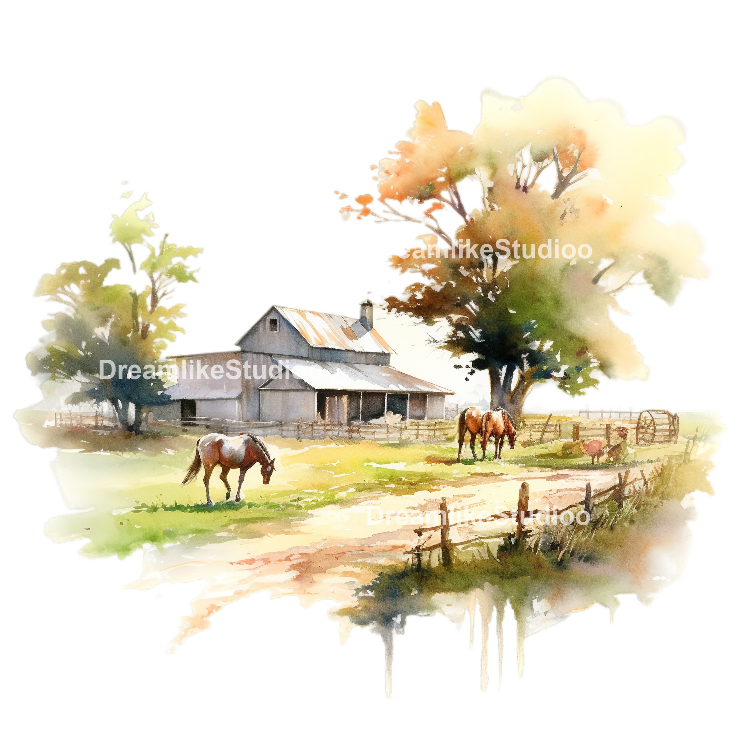 Watercolor Farm Landscape Clipart, Commercial Use Landscape PNG, Farm ...