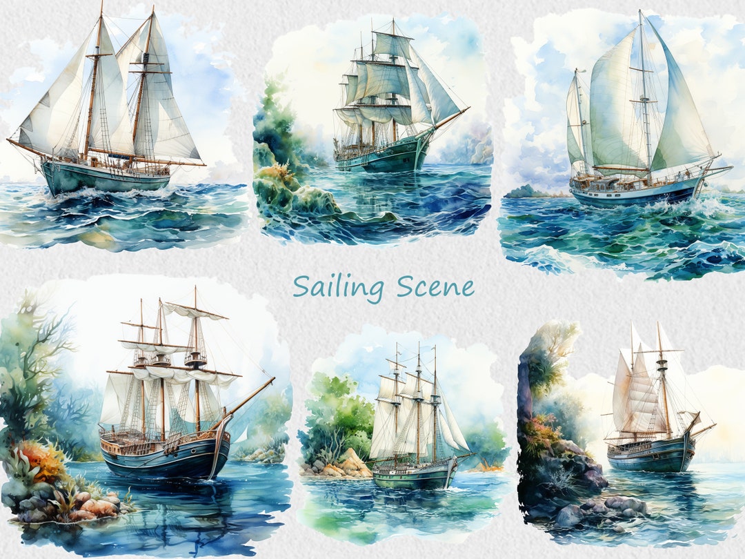 Watercolor Sailboat Clipart, Commercial Use Sailing Scene Clipart ...