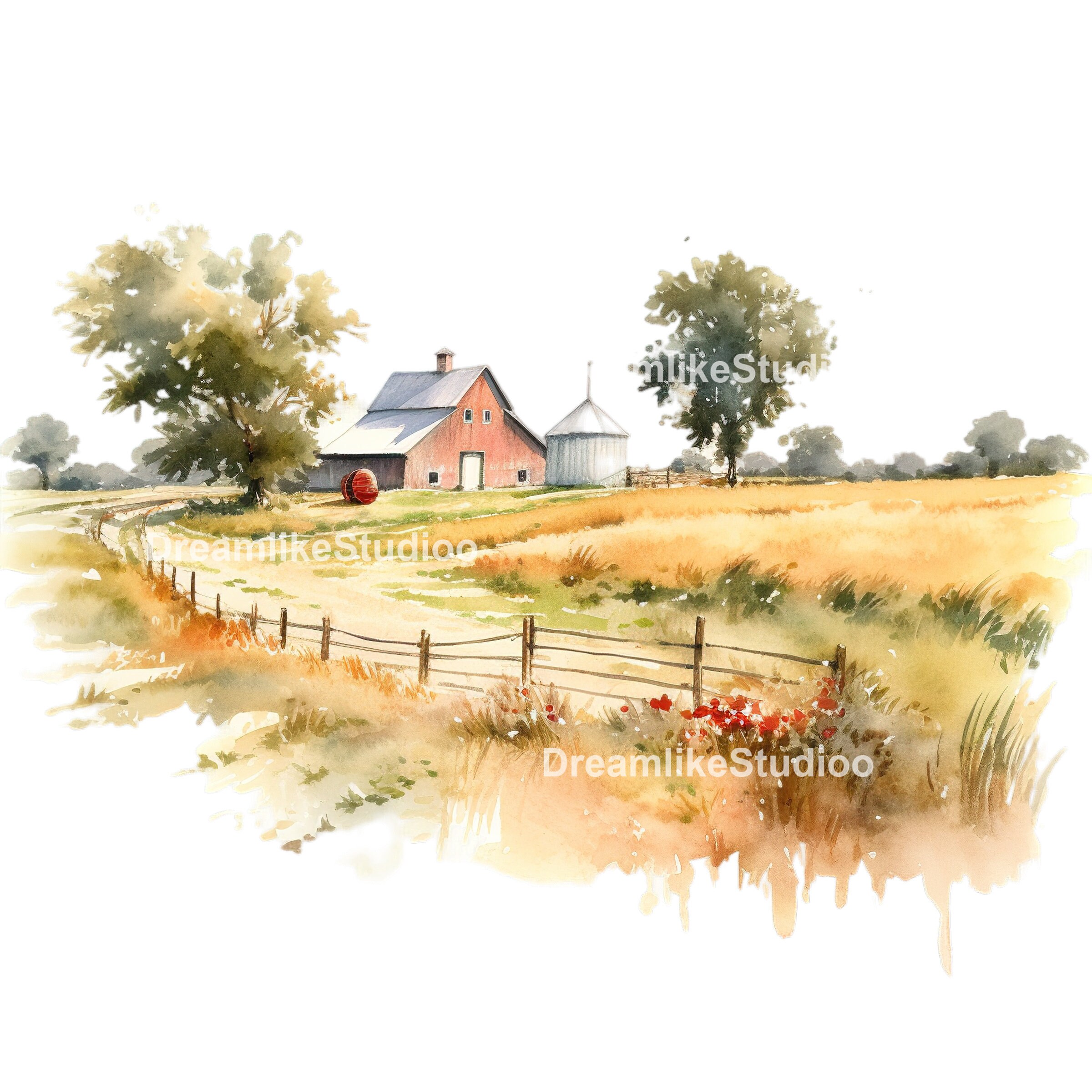 Watercolor Farm Landscape Clipart, Commercial Use Landscape PNG, Farm ...