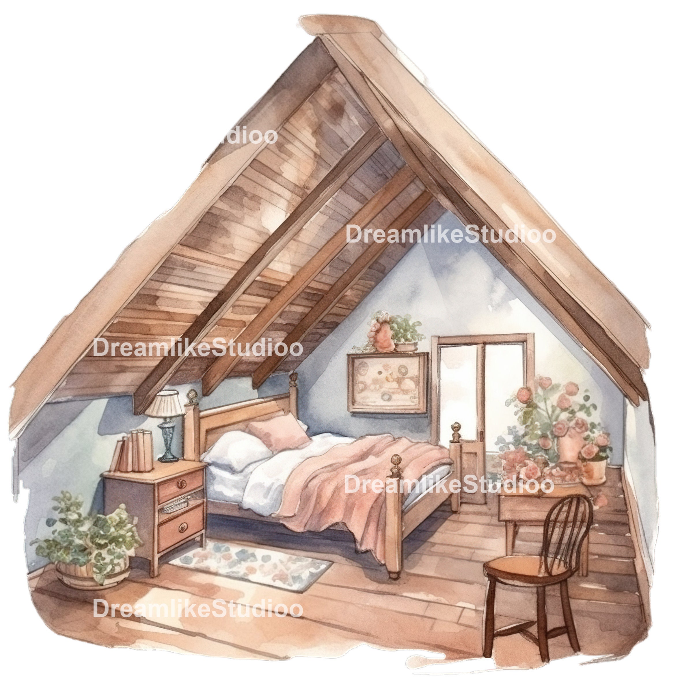 Watercolor Romantic Attic Clipart, Commercial Use PNG, Cottagecore ...