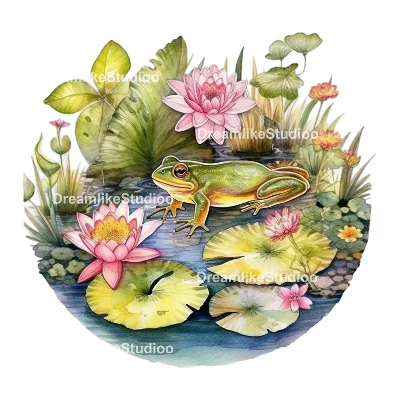 Watercolor Lily Pond Clipart, Waterlilies and Frog PNG, Instant ...