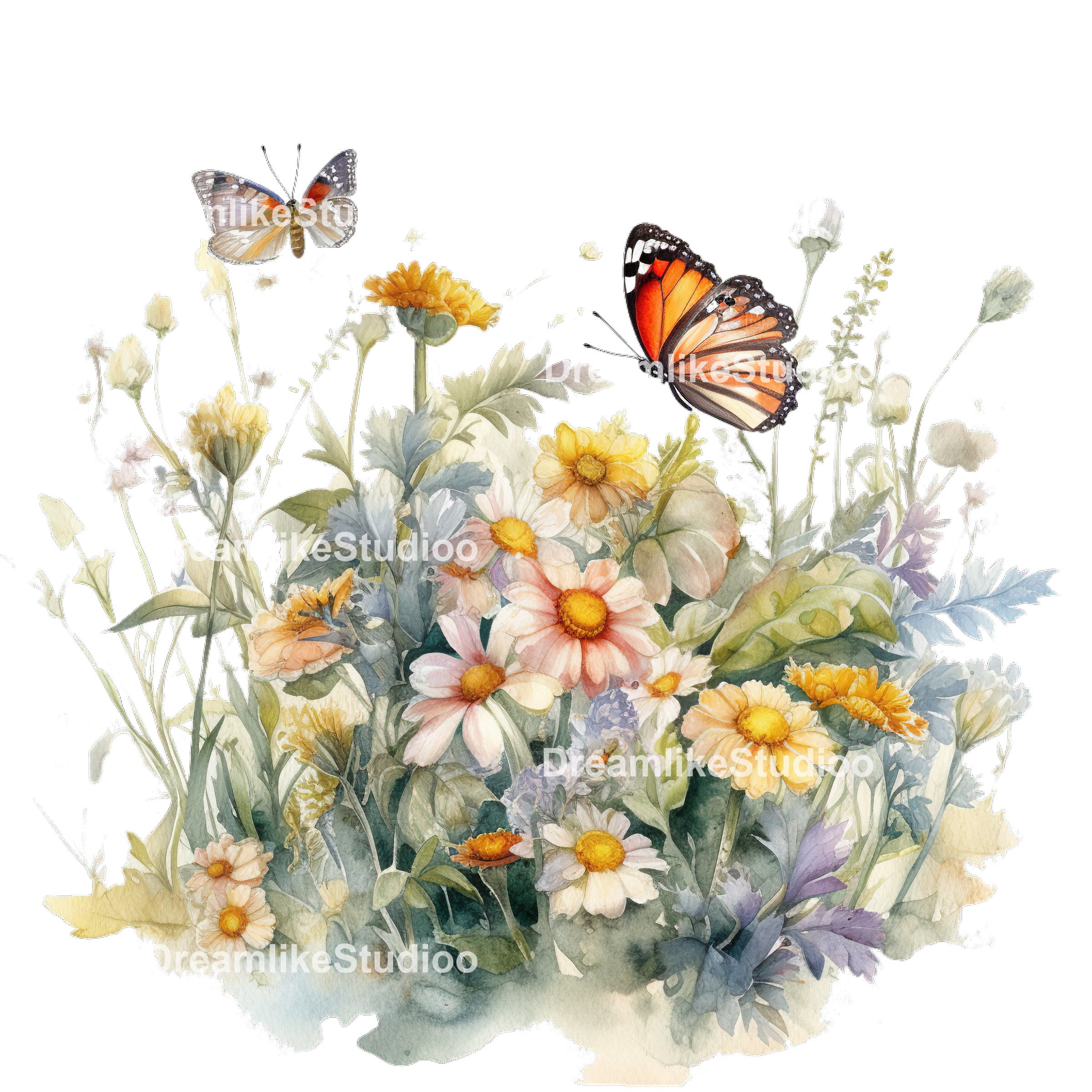 Watercolor Floral Butterflies Clipart, Commercial Use Clipart, Flowers ...