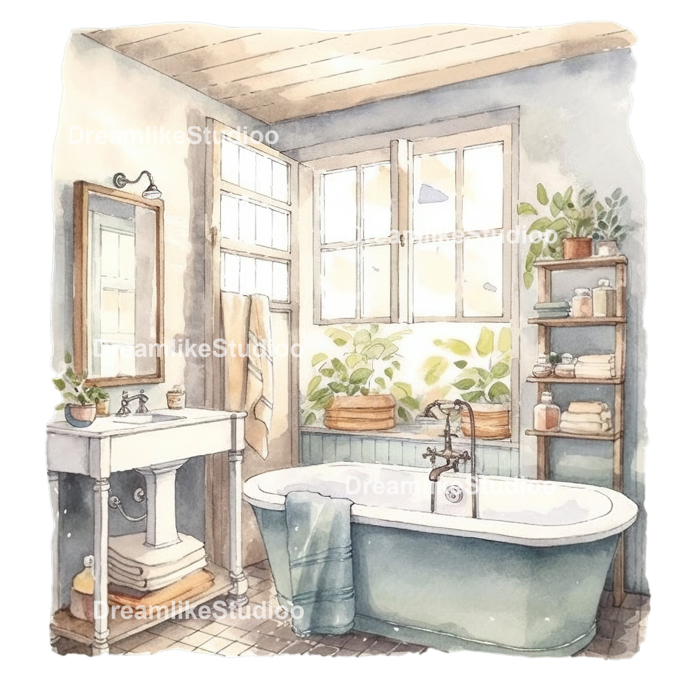 Watercolor Bathroom Cliparts, Commercial Use Clipart, Cottage Interior ...