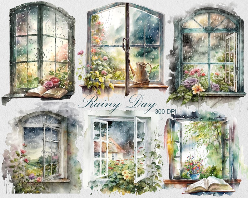 Watercolor Rainy Day Clipart, Rainy Window Commercial Use Clipart ...