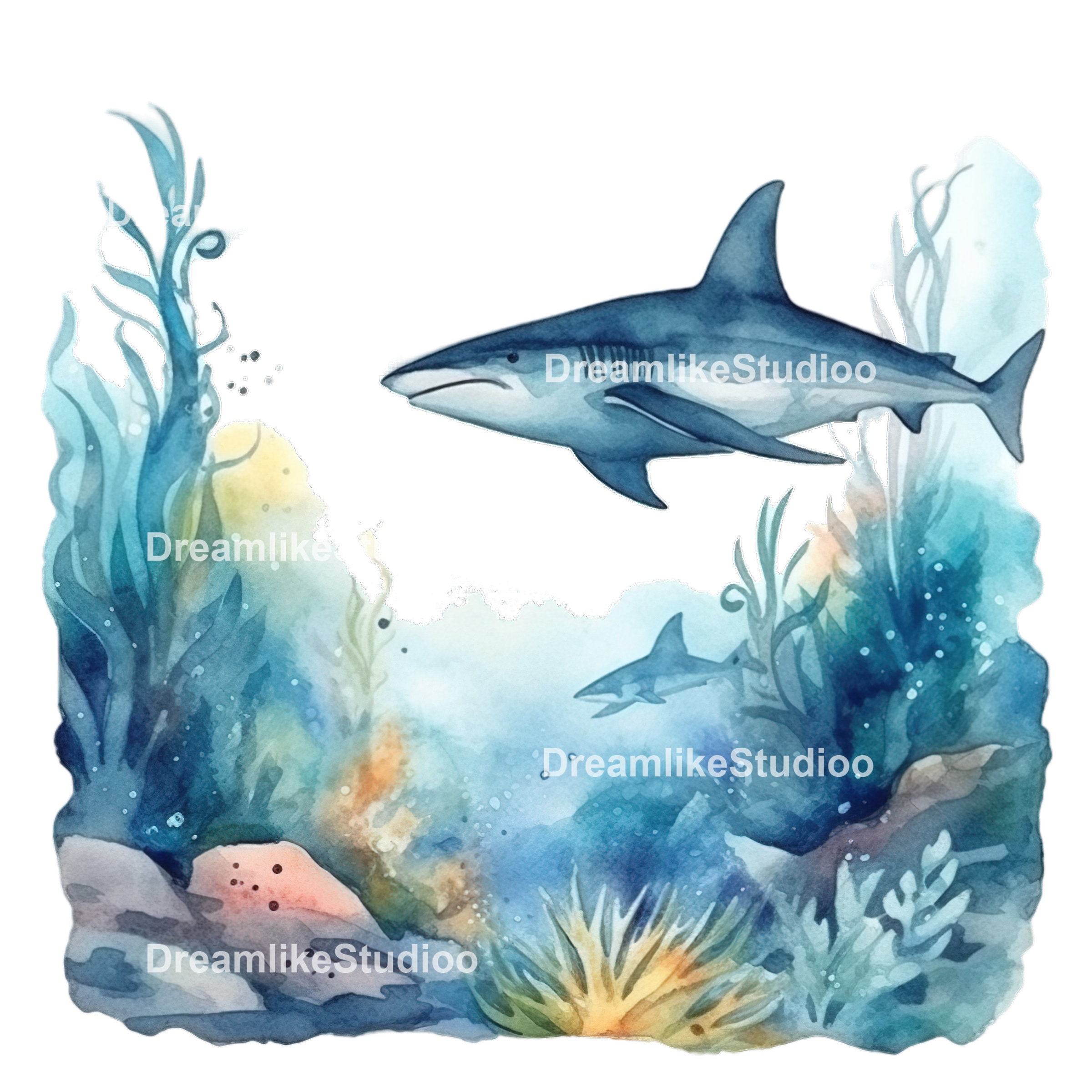 Watercolor Shark Clipart, Commercial Use Underwater Clipart, Cute Shark ...