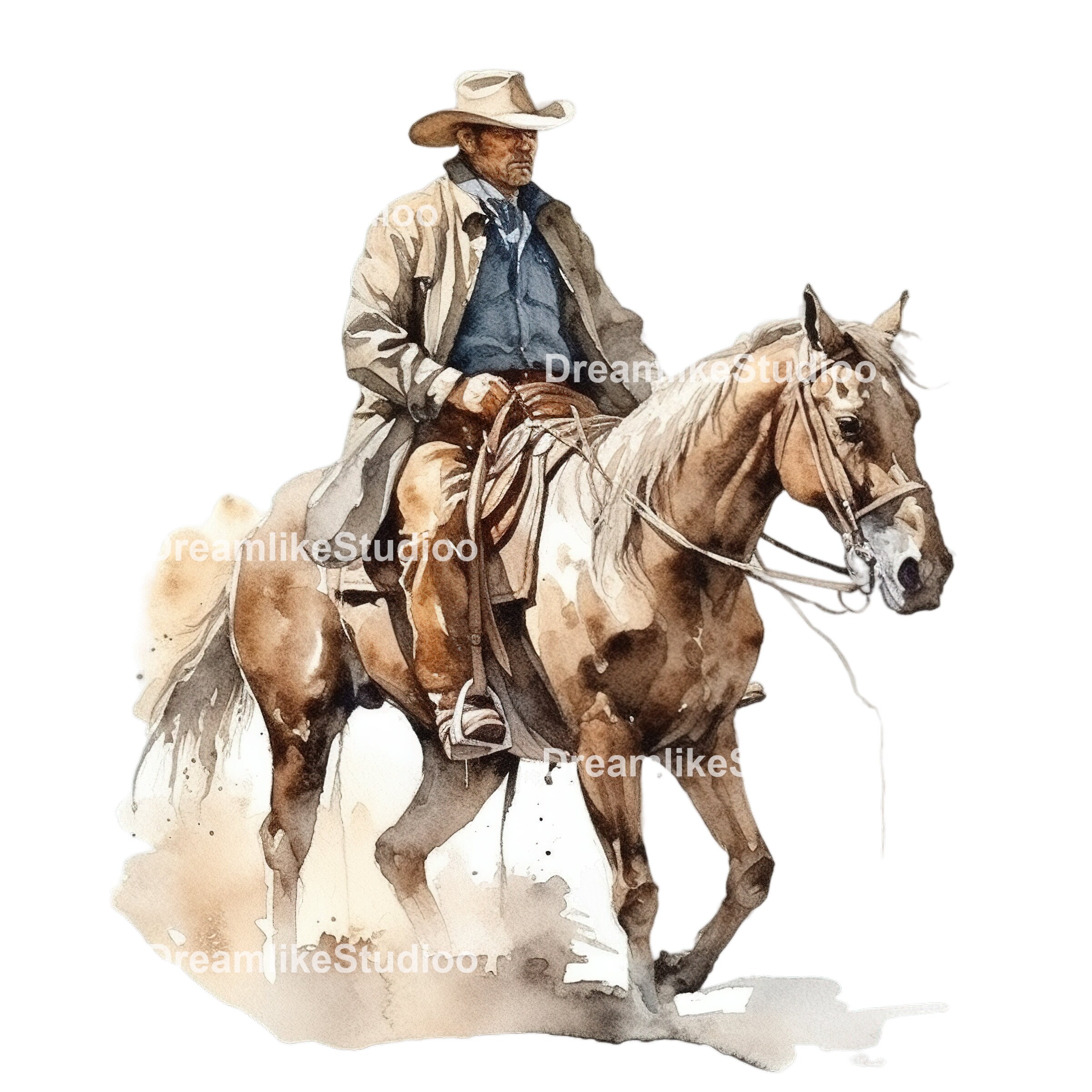 Watercolor Cowboy Clipart, Commercial Use Cowboy and Horse PNG Clipart ...