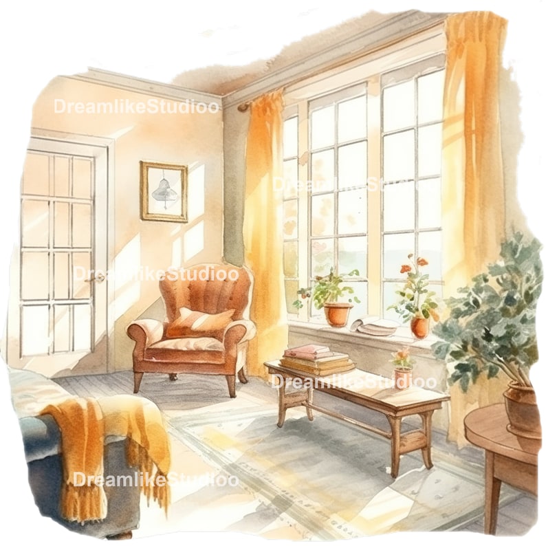 Watercolor Living Room Clipart Sunny Living Room PNG - Etsy
