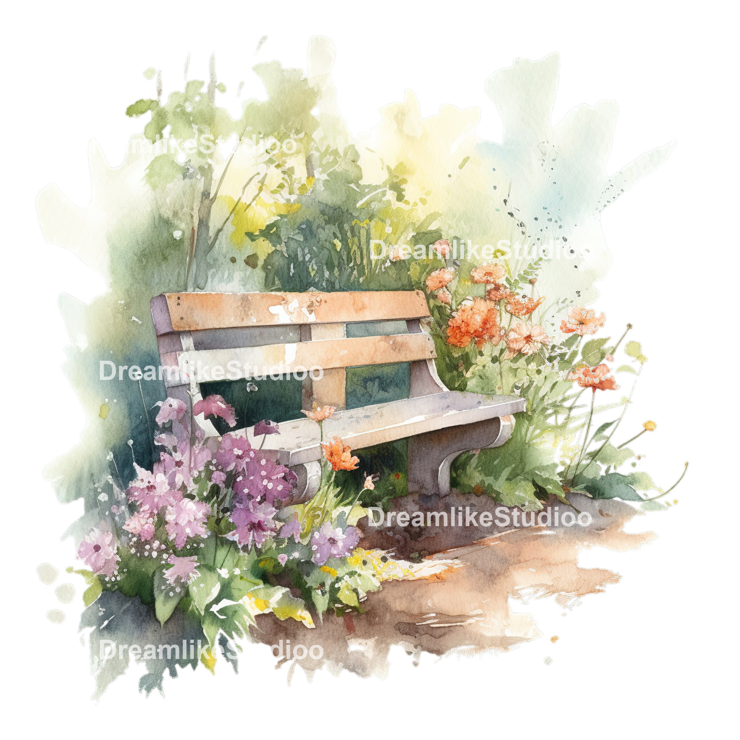 Watercolor Garden Benches Clipart, Commercial Use PNG, Park Clipart ...