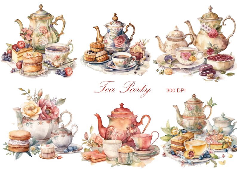 Watercolor Tea Party Clipart Commercial Use Clipart Dessert - Etsy