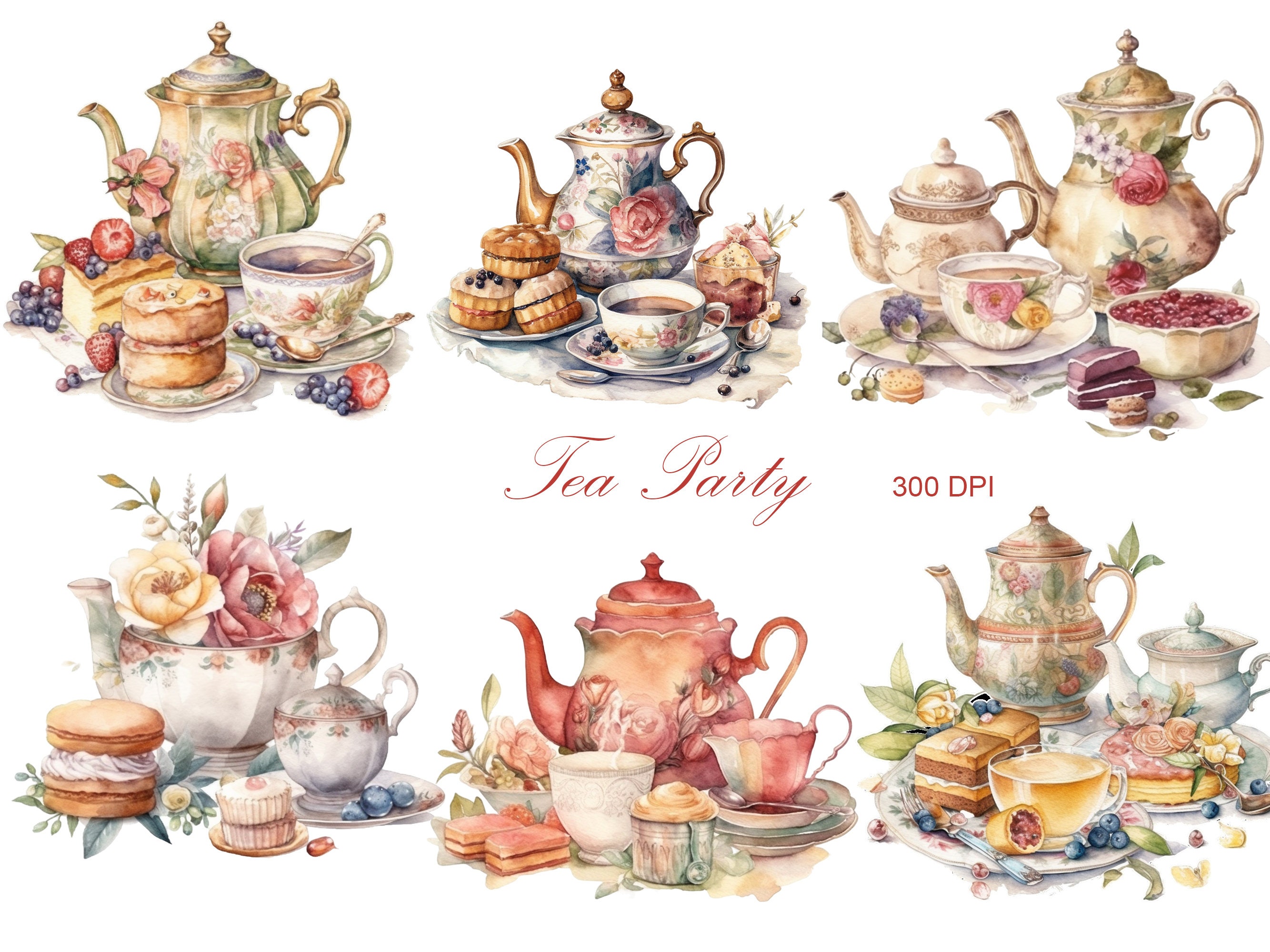 Watercolor Tea Party Clipart Commercial Use Clipart Dessert - Etsy