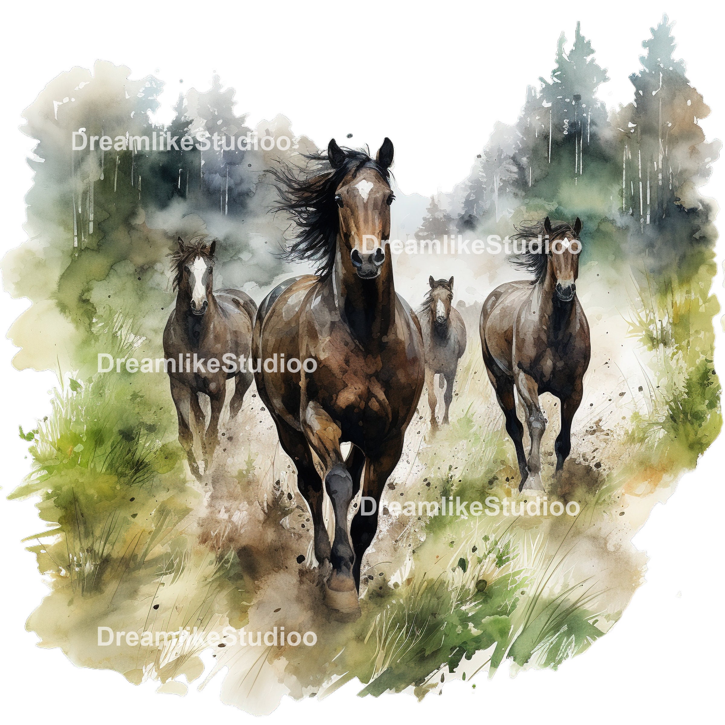 Watercolor Horse Clipart, Wild Horses in the Forest Clipart Set ...