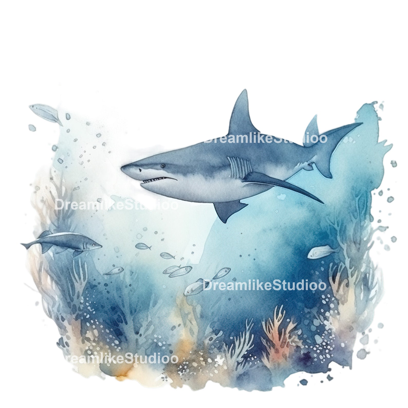 Watercolor Shark Clipart, Commercial Use Underwater Clipart, Cute Shark ...