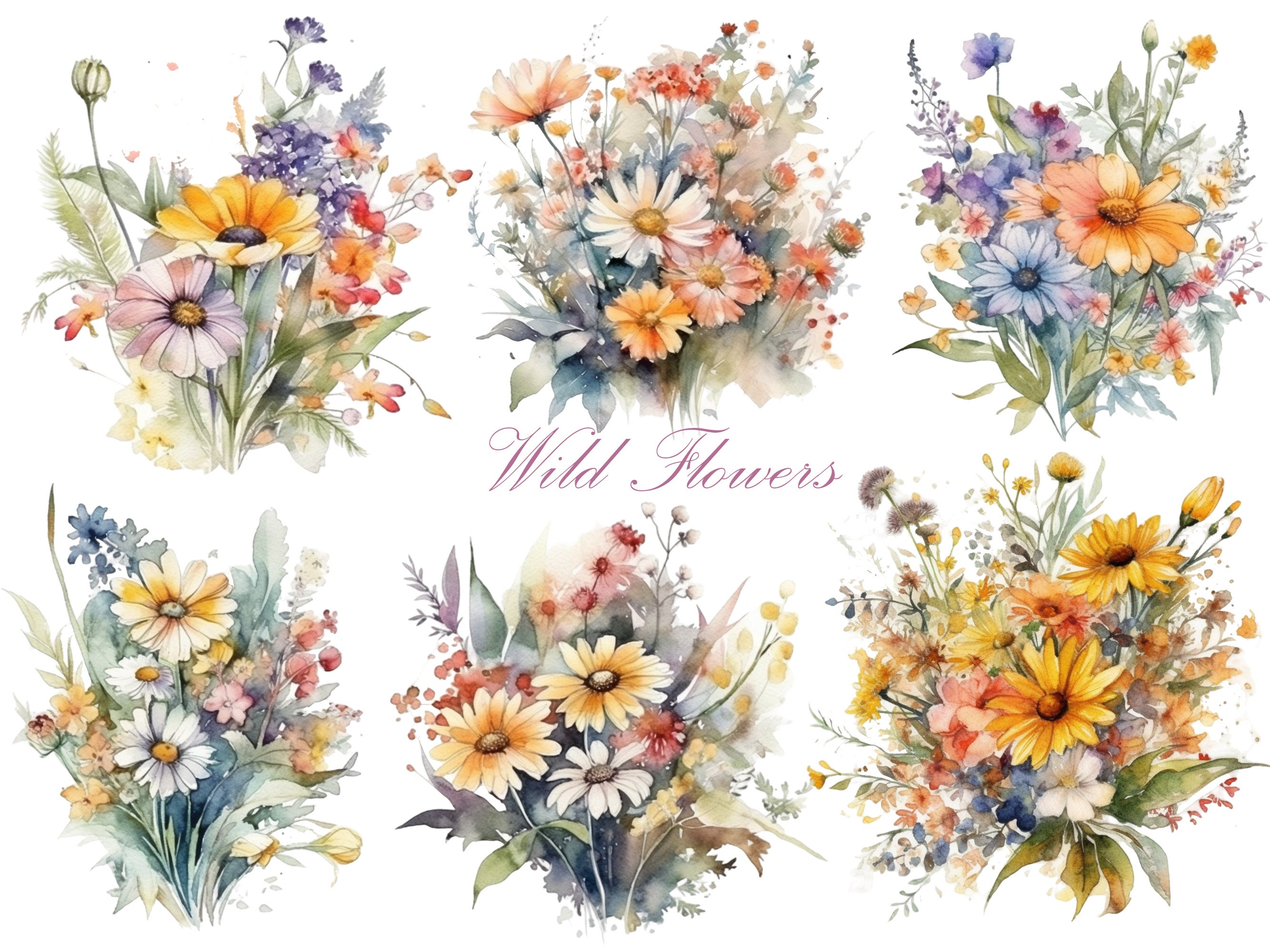 Wild Flowers Bouquet Cliparts Watercolor Wild Flowers PNG - Etsy