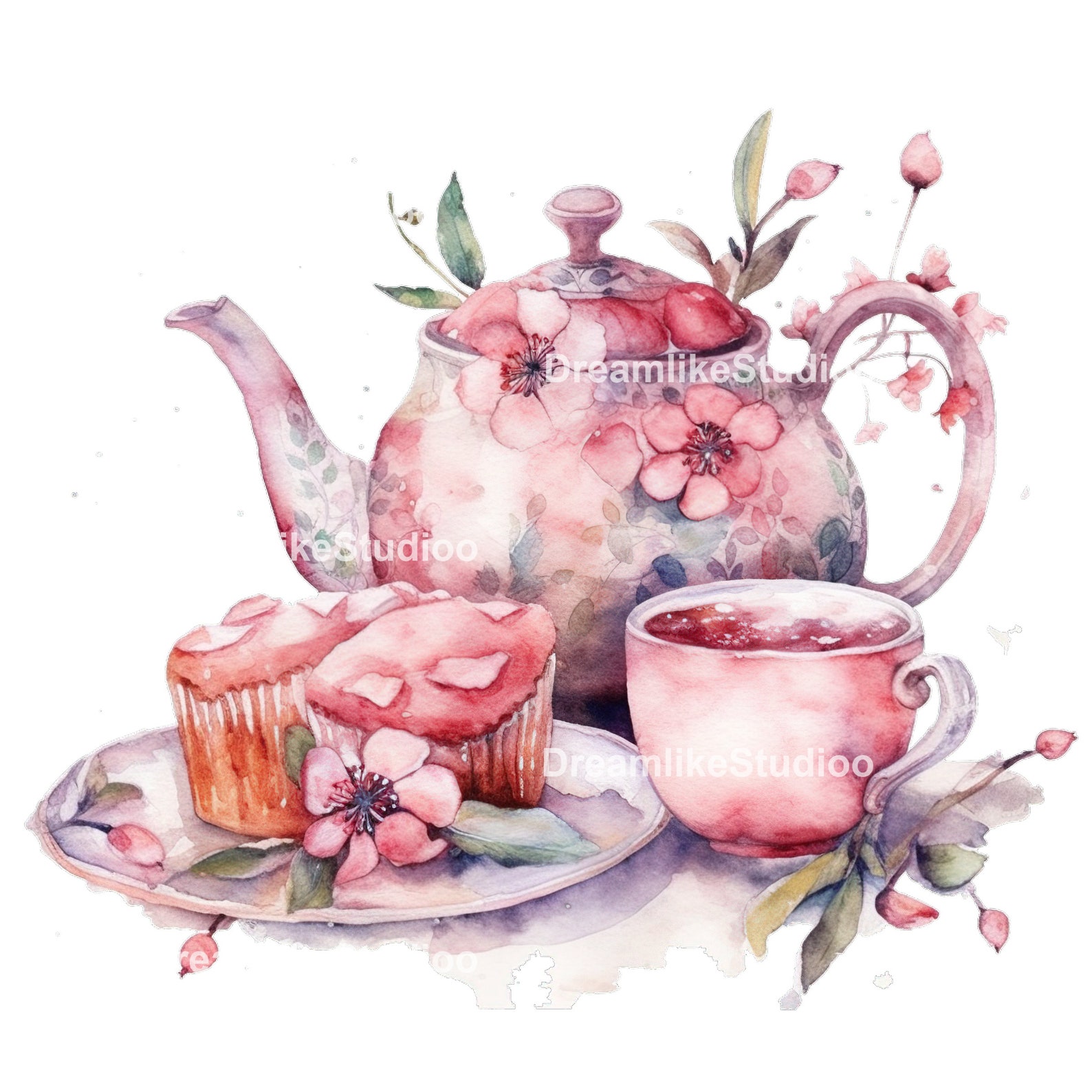 Herbal Tea Party Clipart Watercolor Commercial Use Clipart PNG, Teapot ...