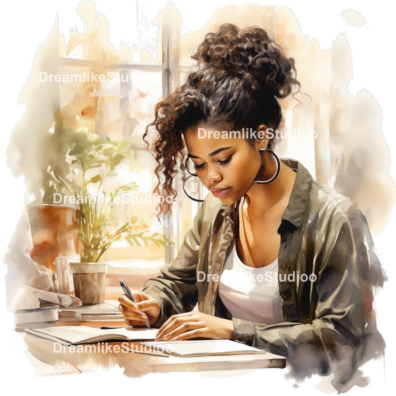 Writing Clipart, Watercolor Woman Working in Office PNG Commercial Use ...