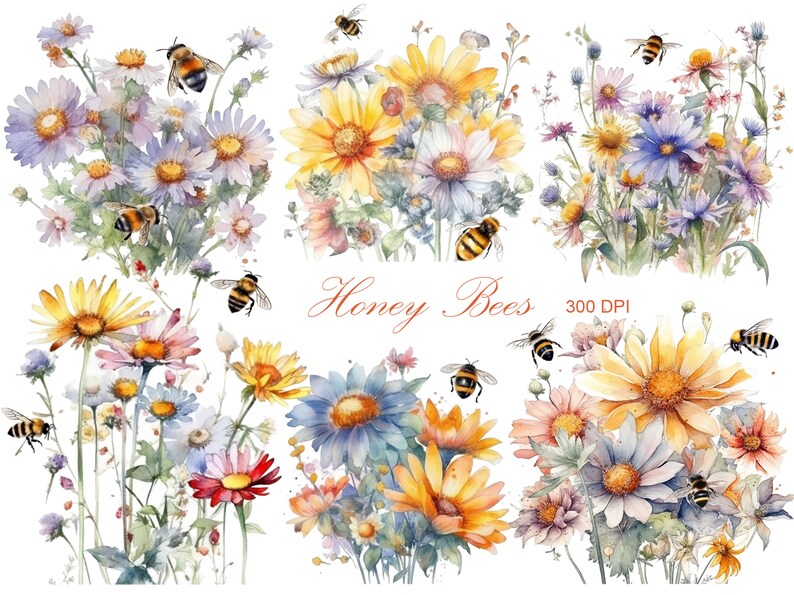 Bee Clipart PNG Watercolor Honey Bee and Summer Flowers - Etsy