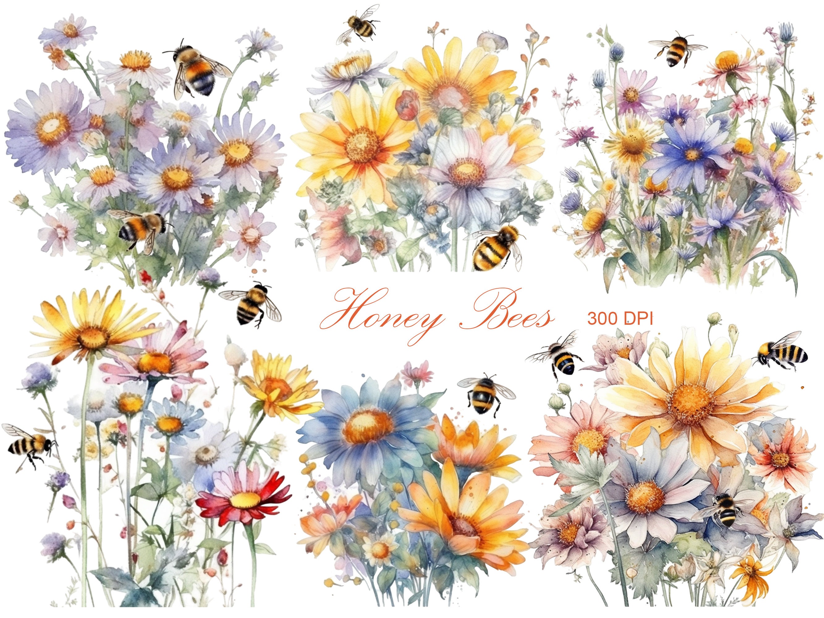 Bee Clipart PNG Watercolor Honey Bee and Summer Flowers - Etsy