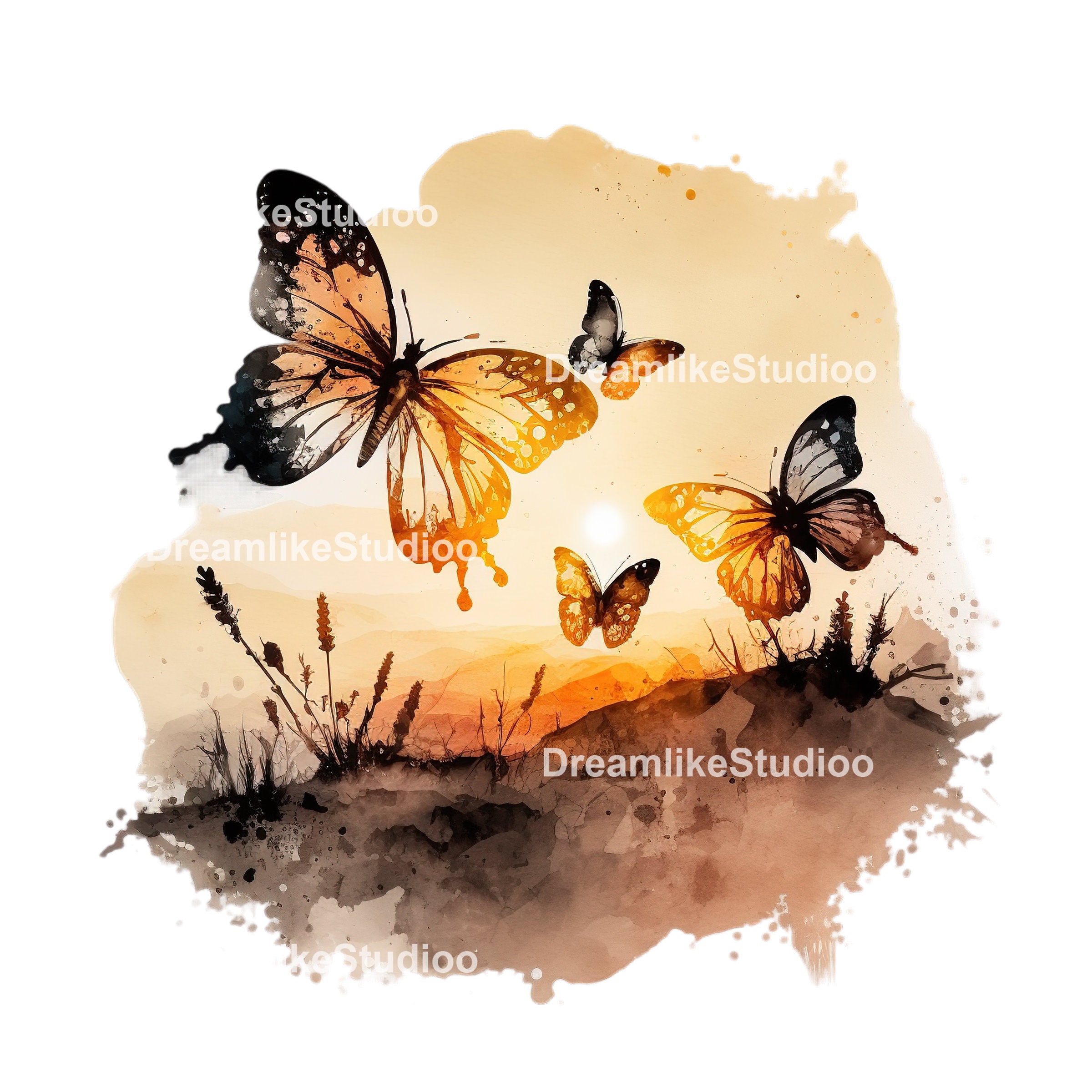 Watercolor Sunset Butterflies Clipart, Commercial Use Clipart, Colorful ...