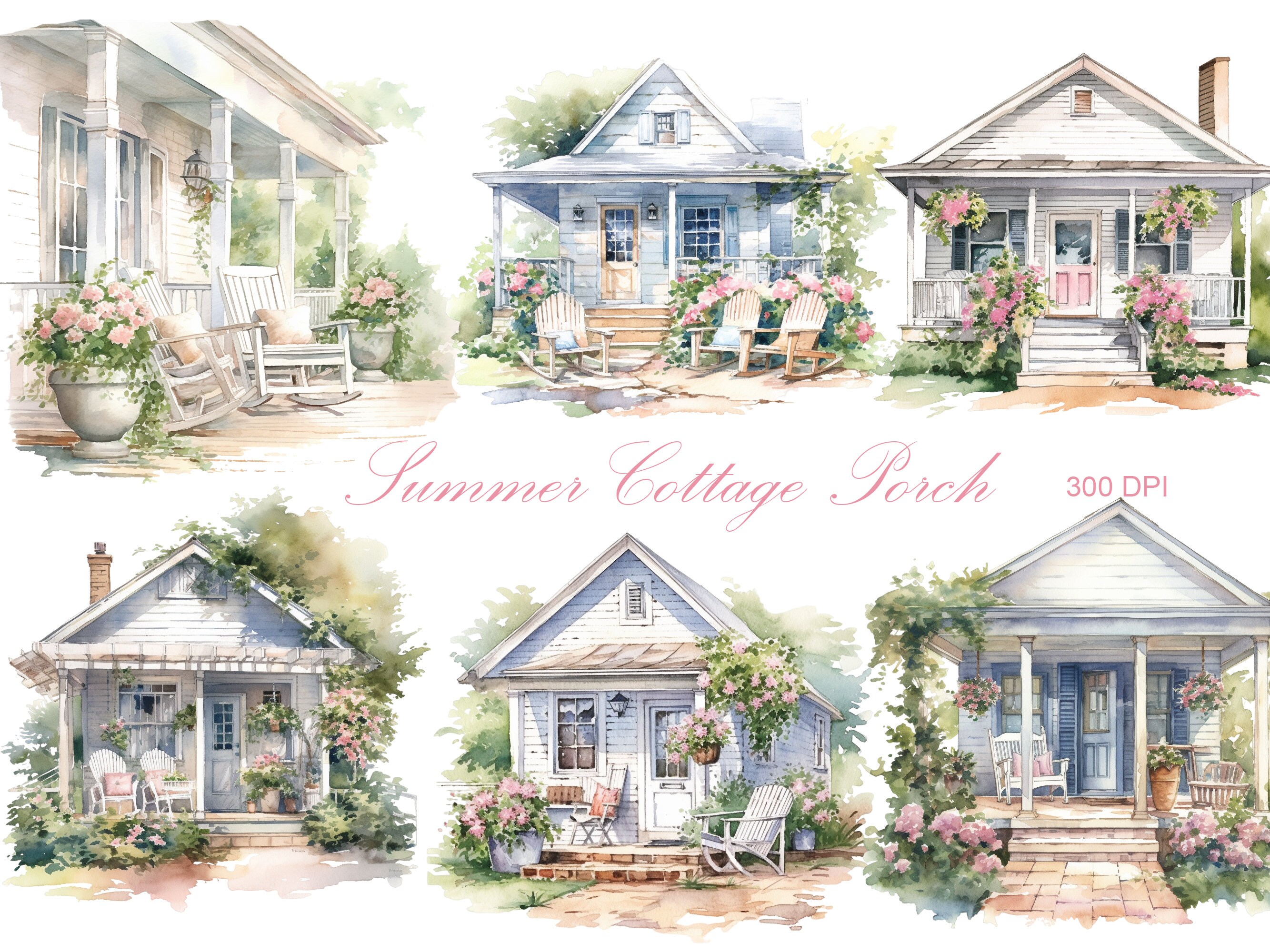 Watercolor Summer Cottage Porch Clipart, Commercial Use Porch PNG ...