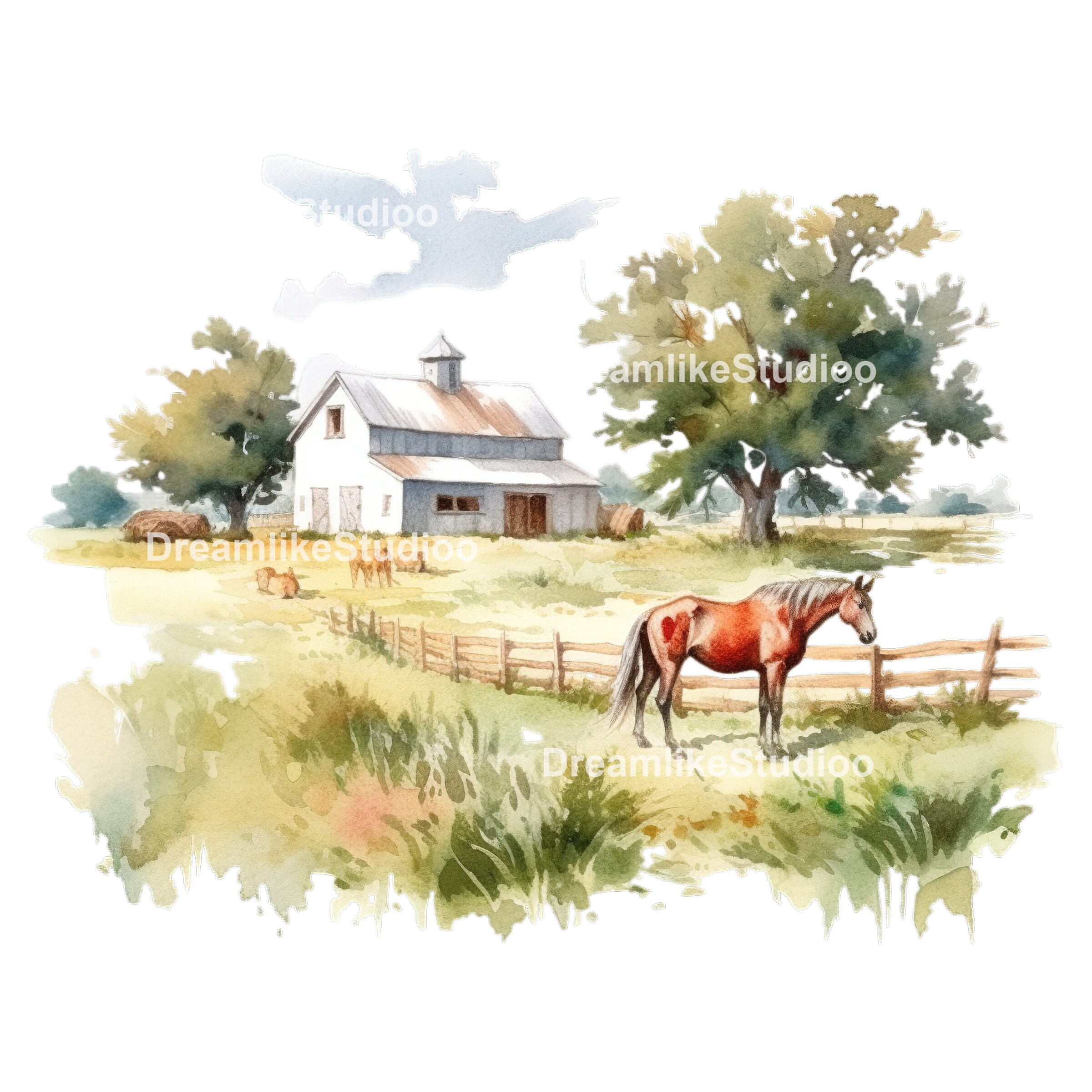Watercolor Farm Landscape Clipart, Commercial Use Landscape PNG, Farm ...