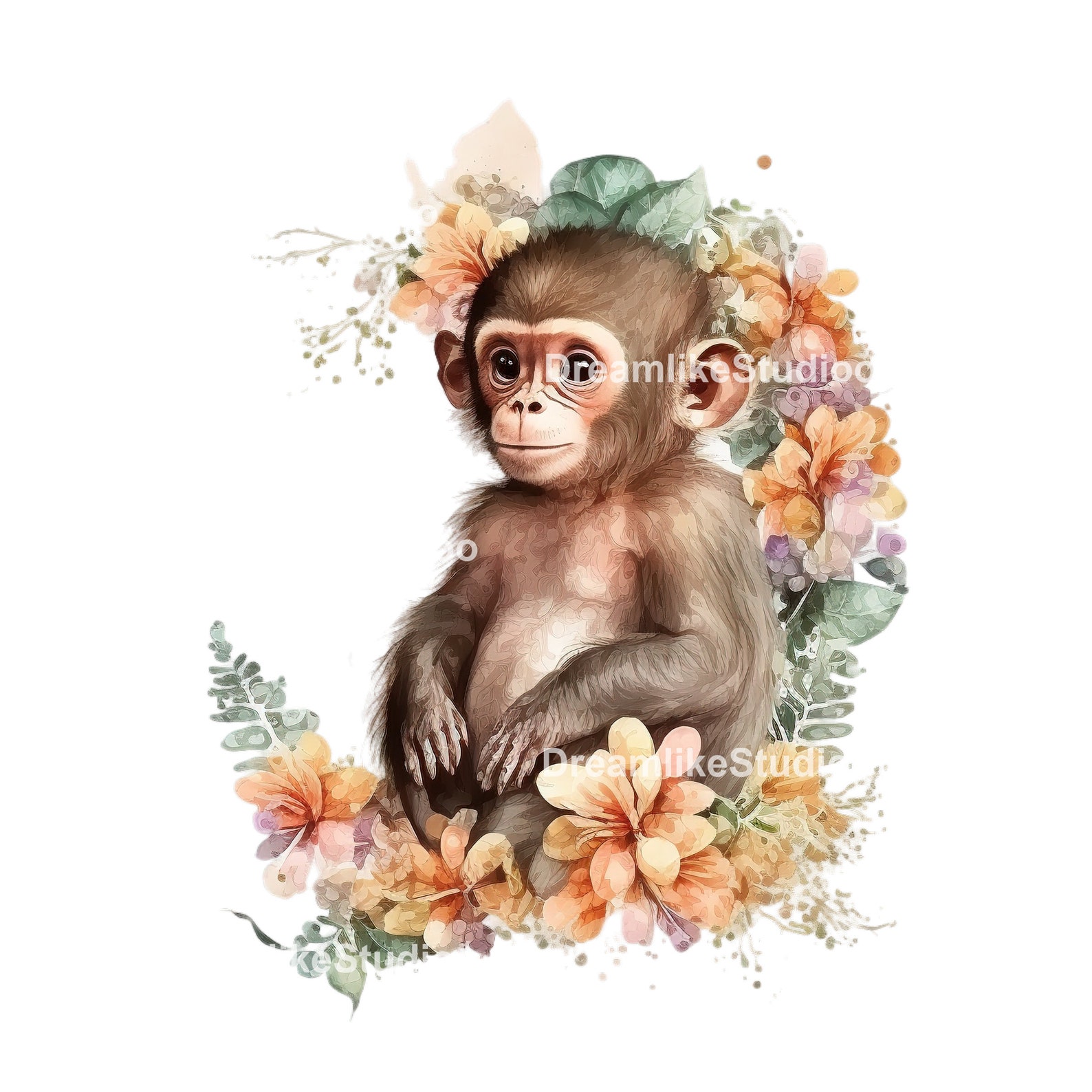 Watercolor Baby Monkey Clipart, Commercial Use Floral Monkey PNG ...