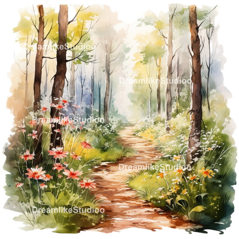 Watercolor Forest Path Clipart, Commercial Use Flowers Path in the ...
