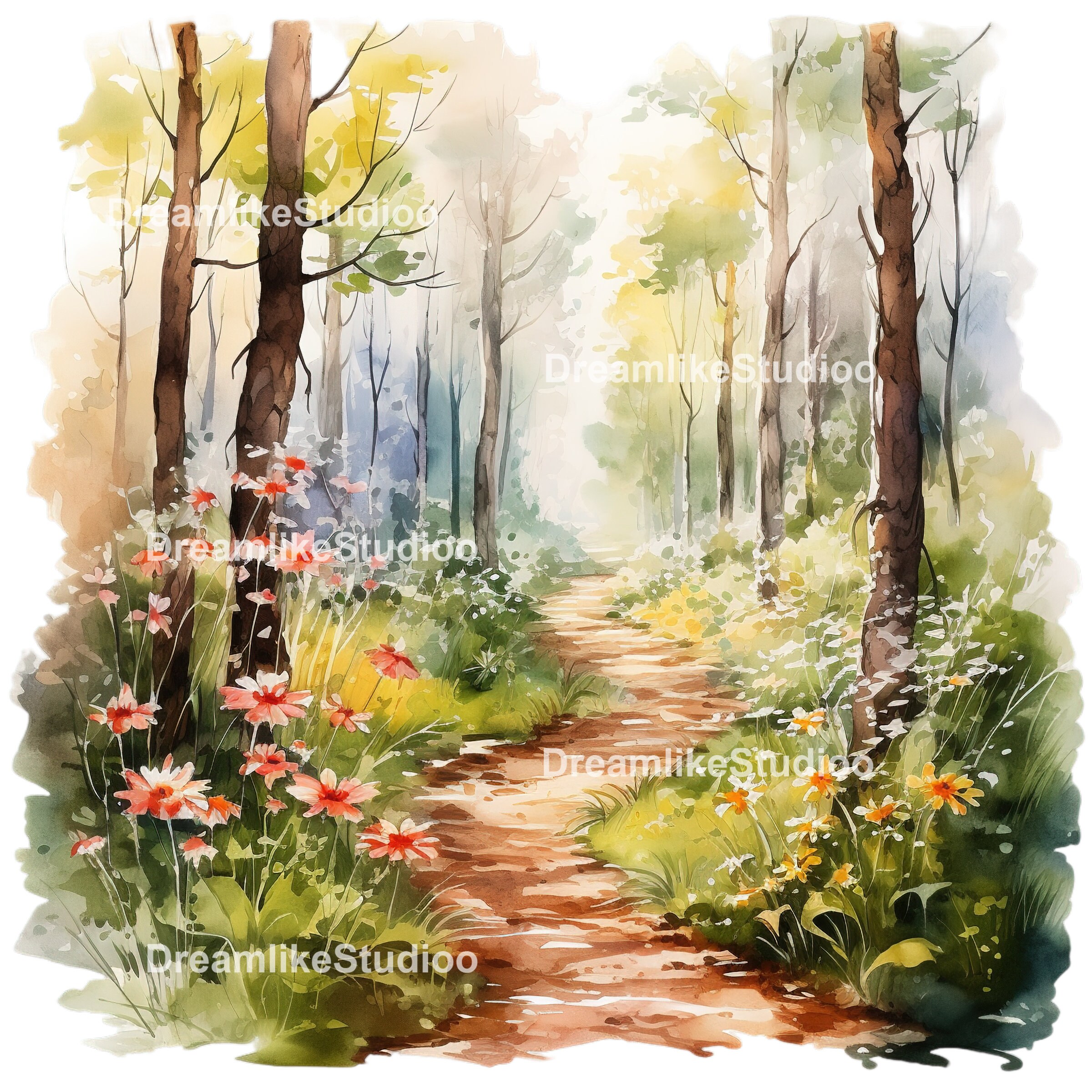 Watercolor Forest Path Clipart, Commercial Use Flowers Path in the ...