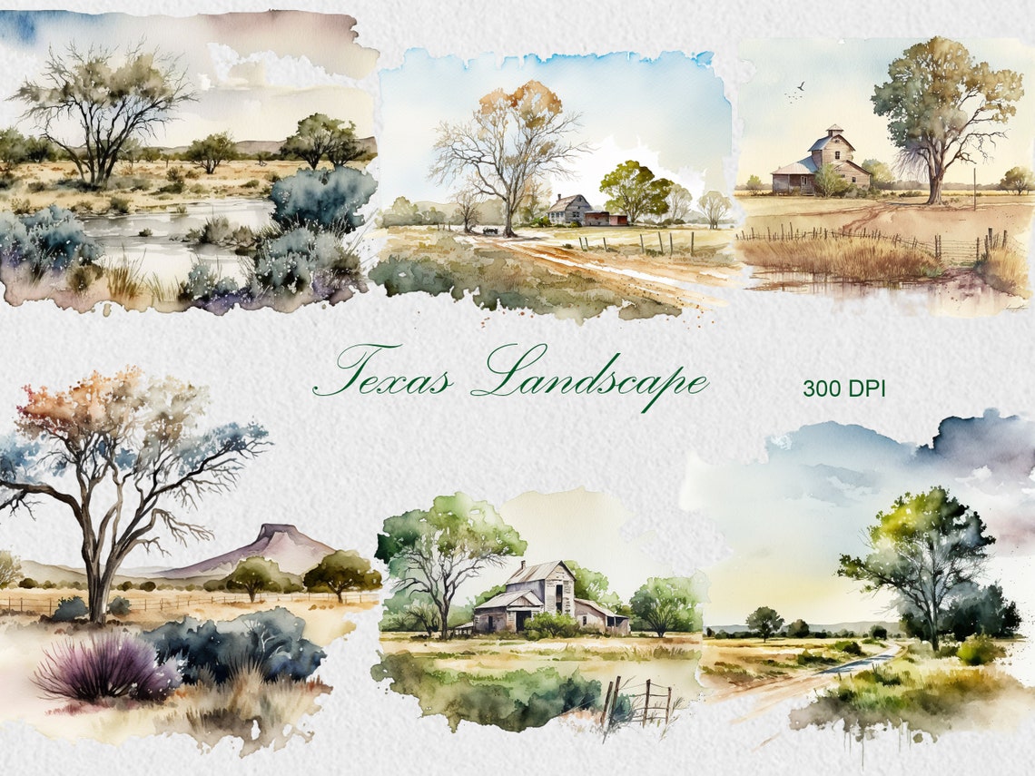 Watercolor Texas Landscape Clipart, Commercial Use PNG - Etsy