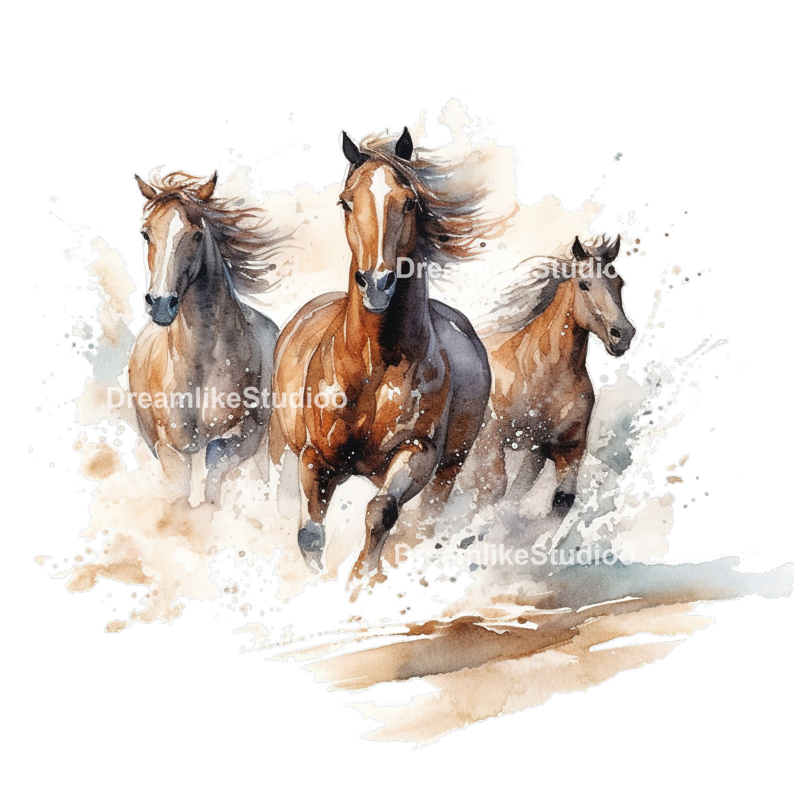 Watercolor Horse Clipart, Wild Horses on the Beach Cliparts, Commercial ...