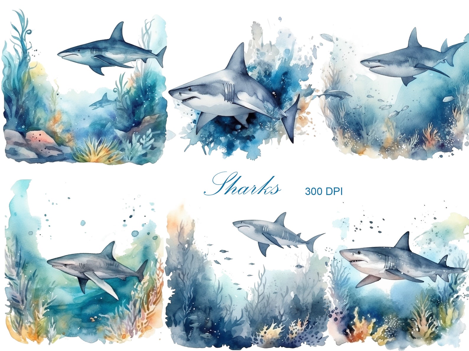 Watercolor Shark Clipart, Commercial Use Underwater Clipart, Cute Shark ...