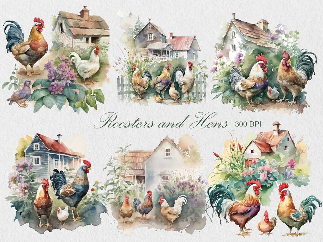 Hens and Roosters Clipart, Commercial Use, Rural Scene Clipart ...