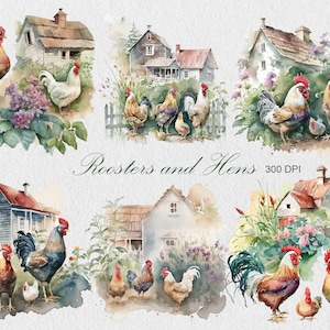 Hens and Roosters Clipart, Commercial Use, Rural Scene Clipart ...