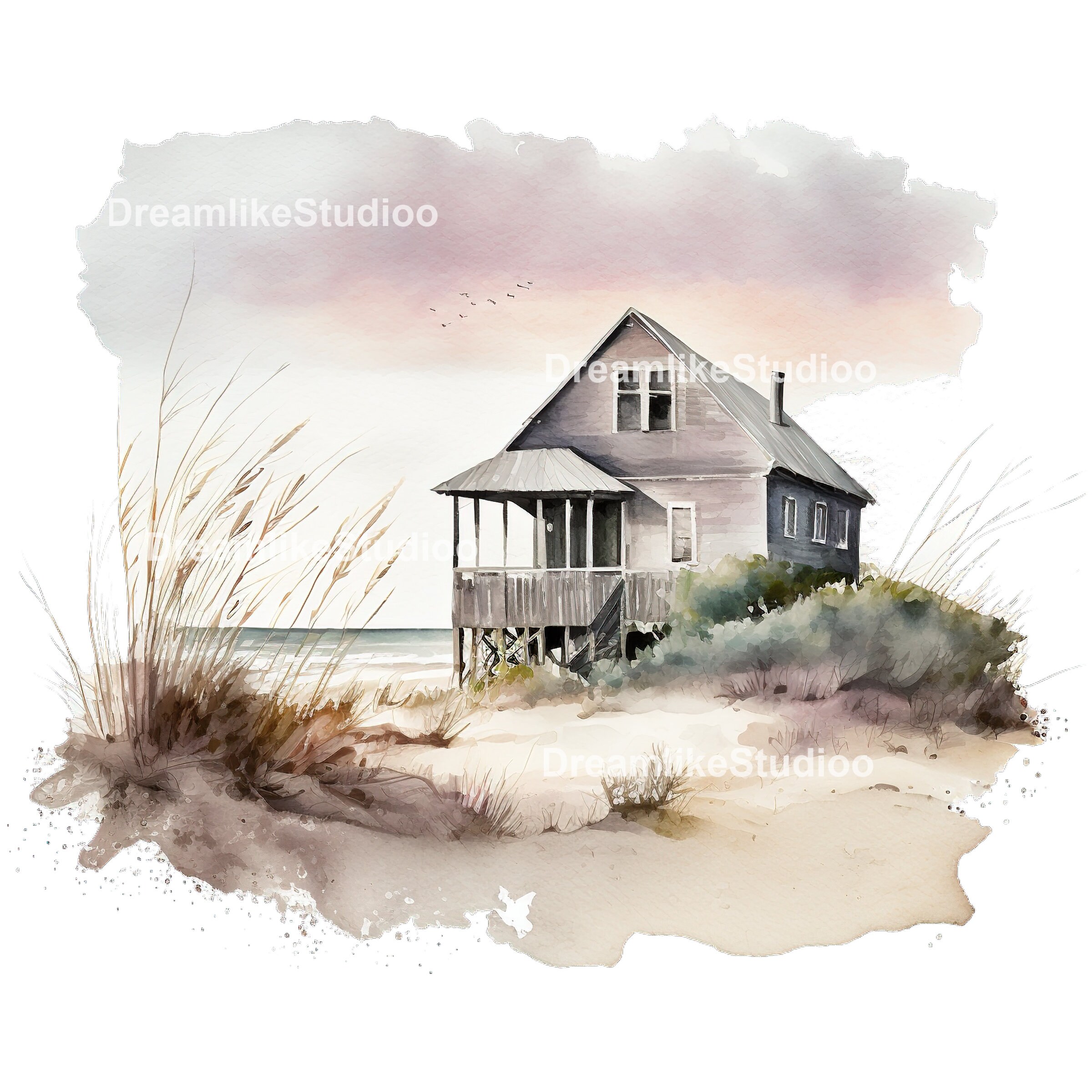 Watercolor Beach House Scenes, Commercial Use Clipart, Beach Clipart ...