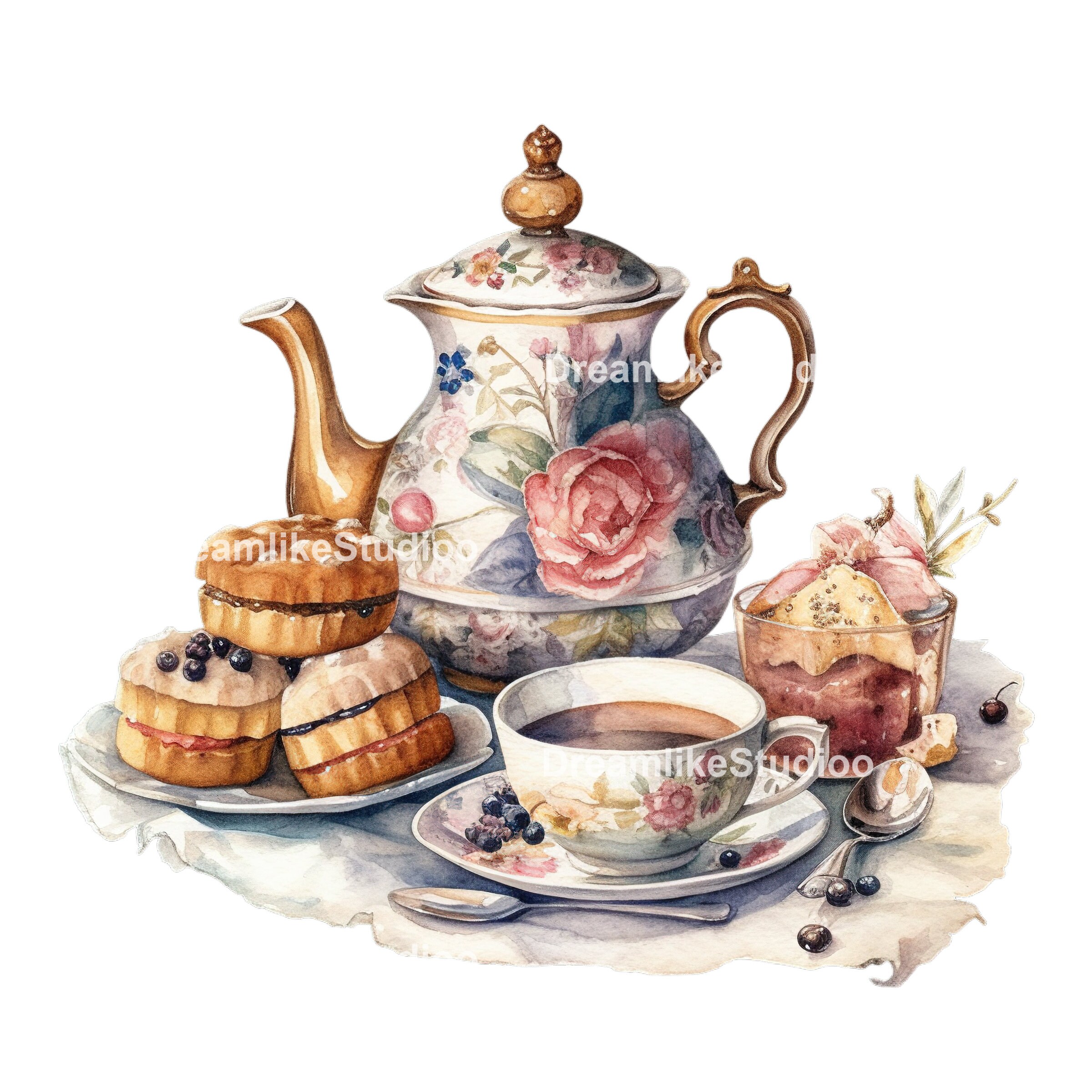 Watercolor Tea Party Clipart, Commercial Use Clipart, Dessert Clipart ...