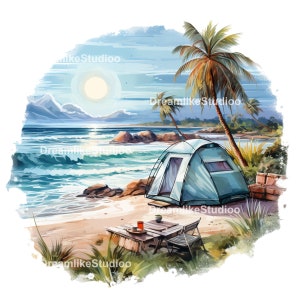 Watercolor Beach Camping Clipart, Commercial Use Beach Scene Clipart ...