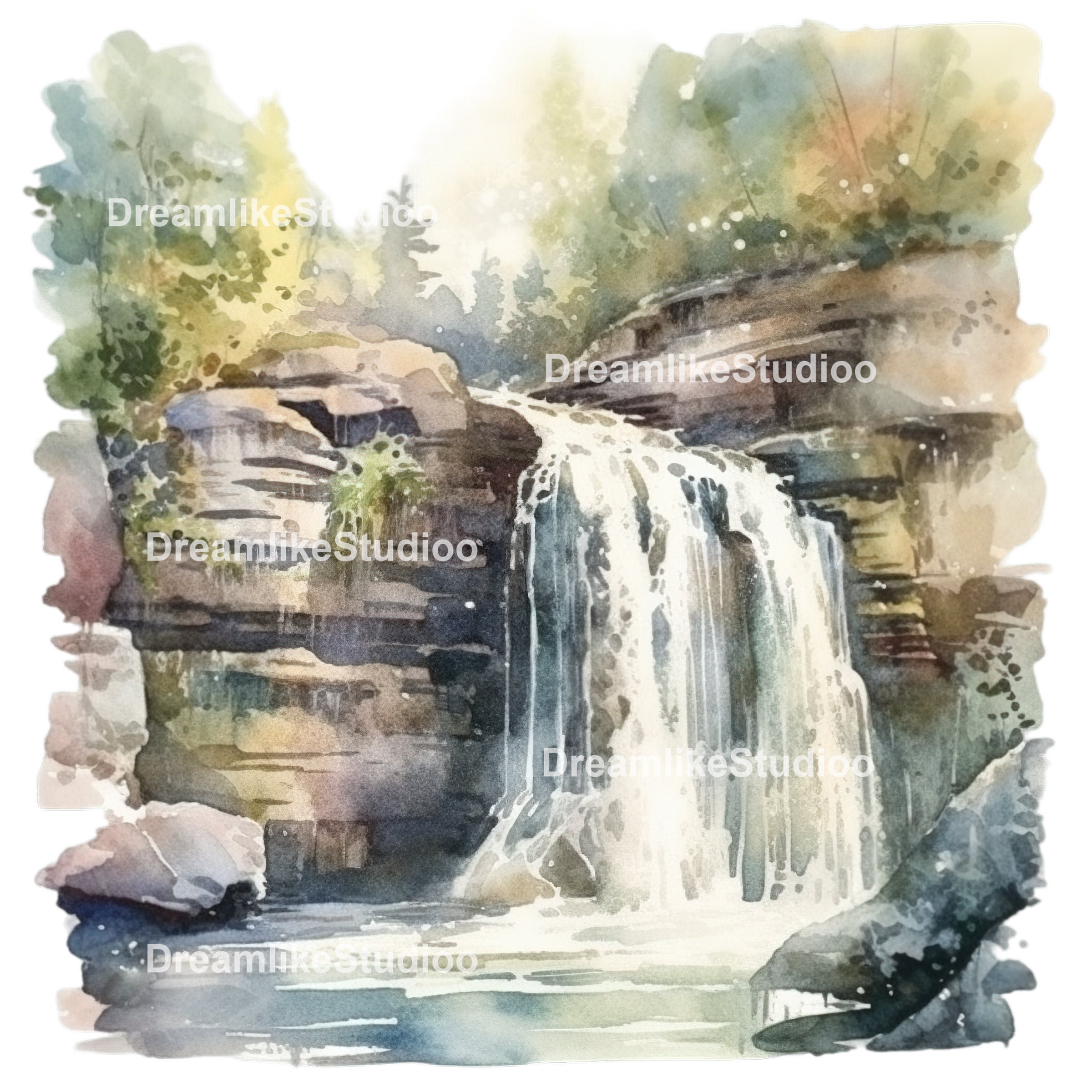 Watercolor Waterfall Clipart Bundle, Commercial Use Landscape Clipart ...