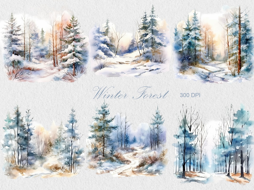 Watercolor Winter Forest Clipart, Commercial Use Winter Landscape PNG ...