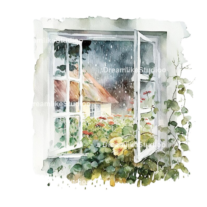 Watercolor Rainy Day Clipart, Rainy Window Commercial Use Clipart ...