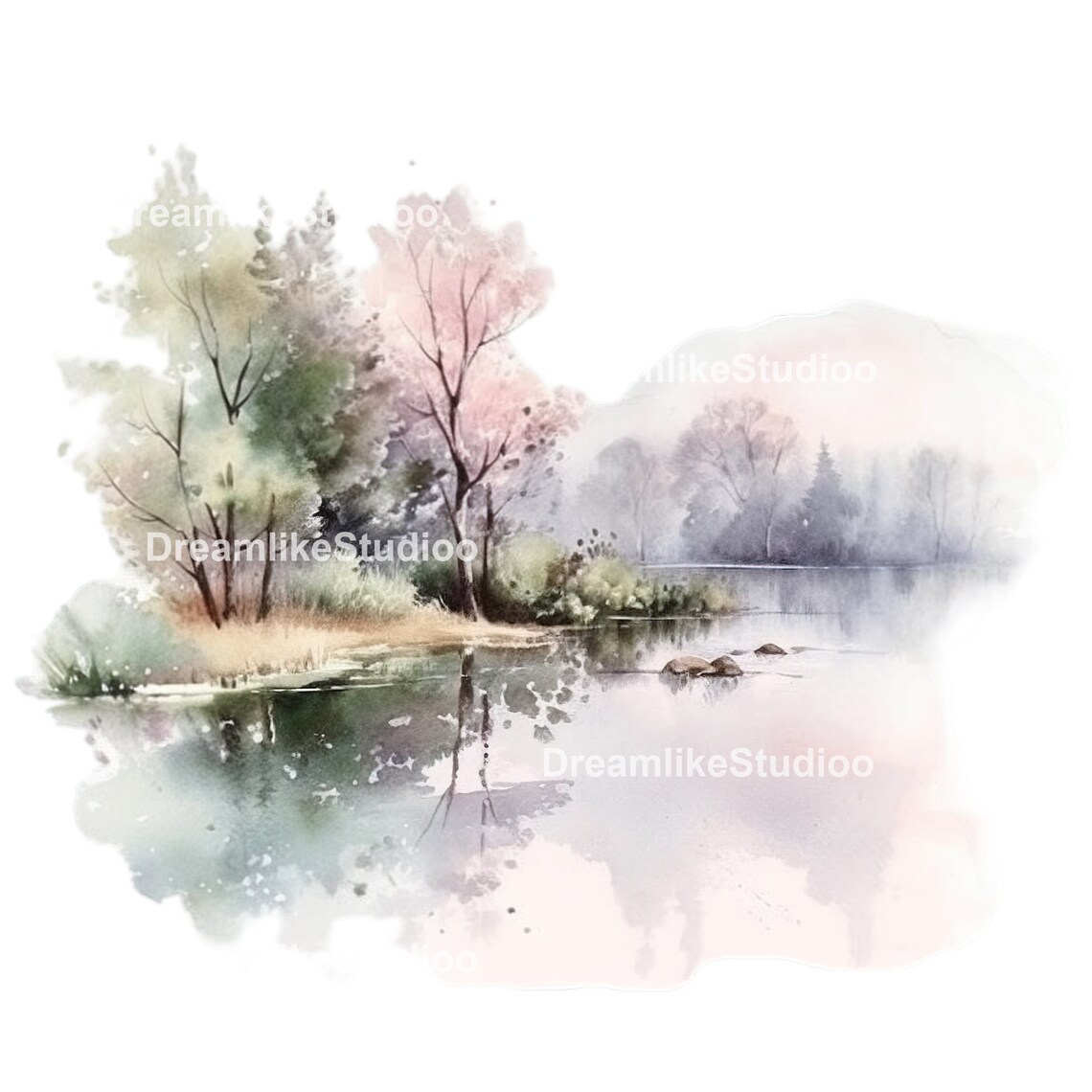 Watercolor Lakeside Scenery Clipart Summer Lake Landscape - Etsy