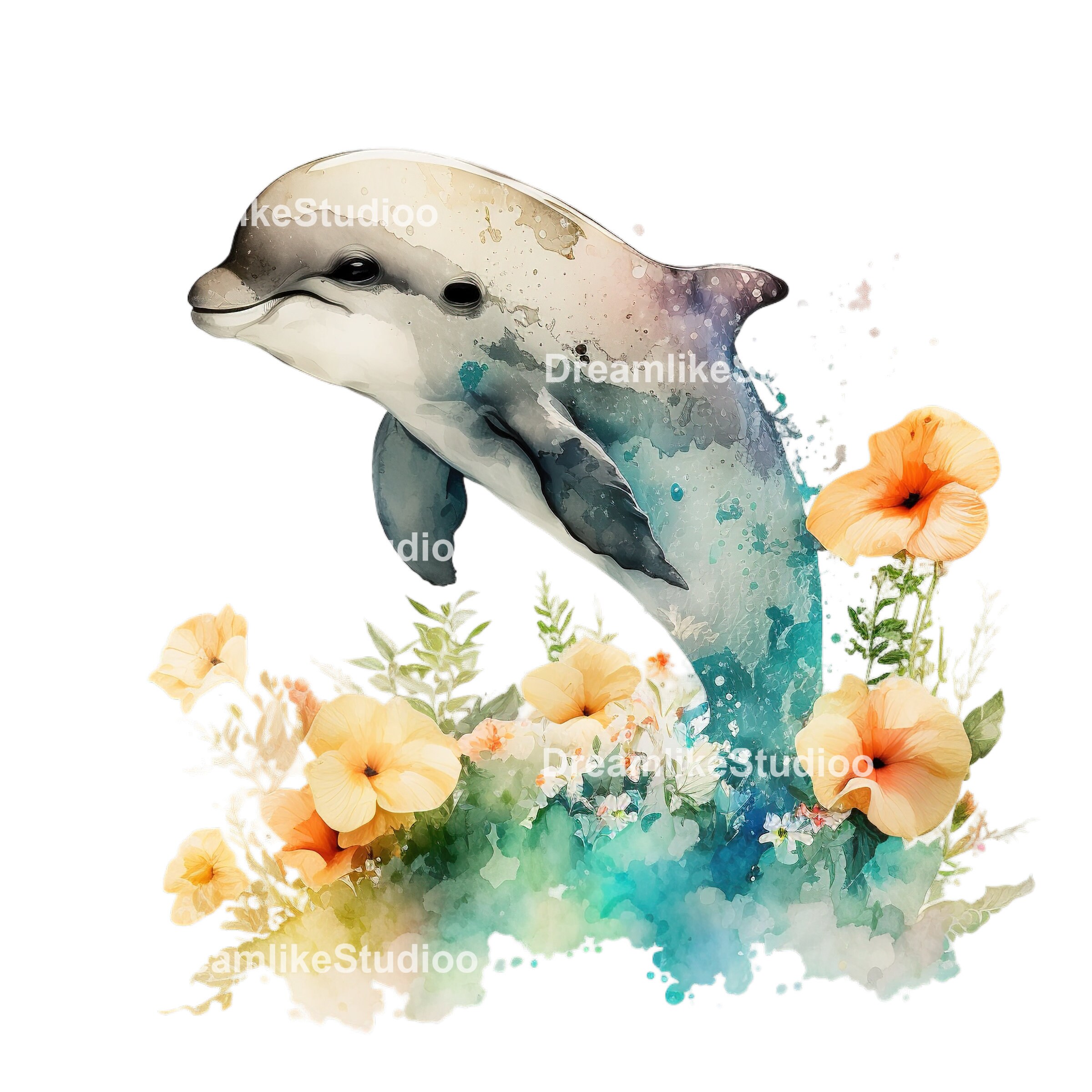 Floral Dolphin Clipart, Commercial Use Watercolor Dolphin PNG Digital ...