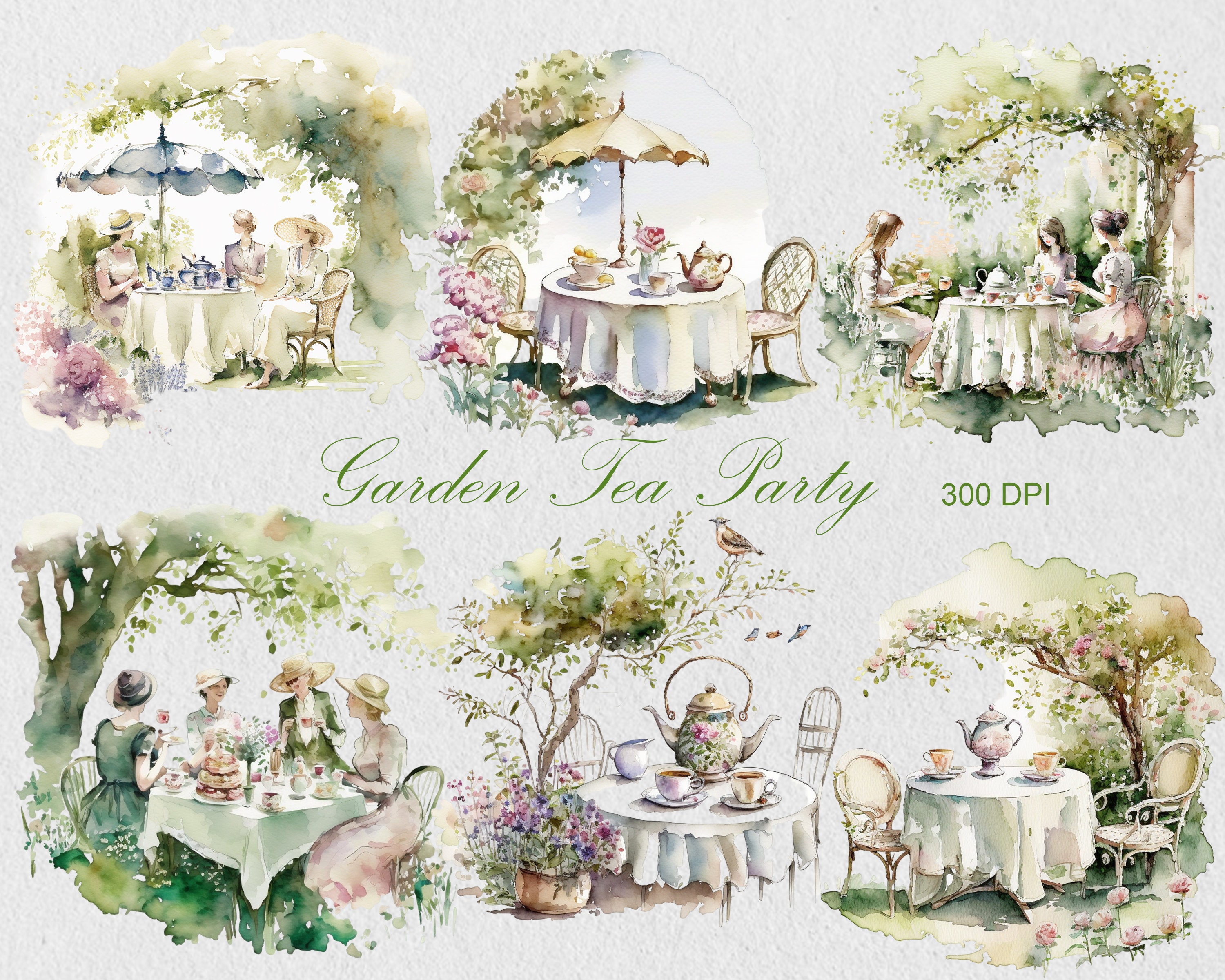 Watercolor Garden Tea Party Scenes PNG Commercial Clipart - Etsy