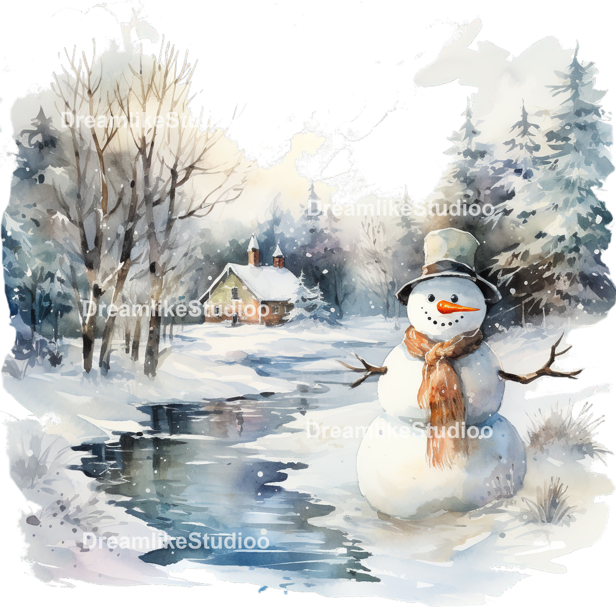 Watercolor Snowman Clipart Commercial Use Winter Landscape - Etsy
