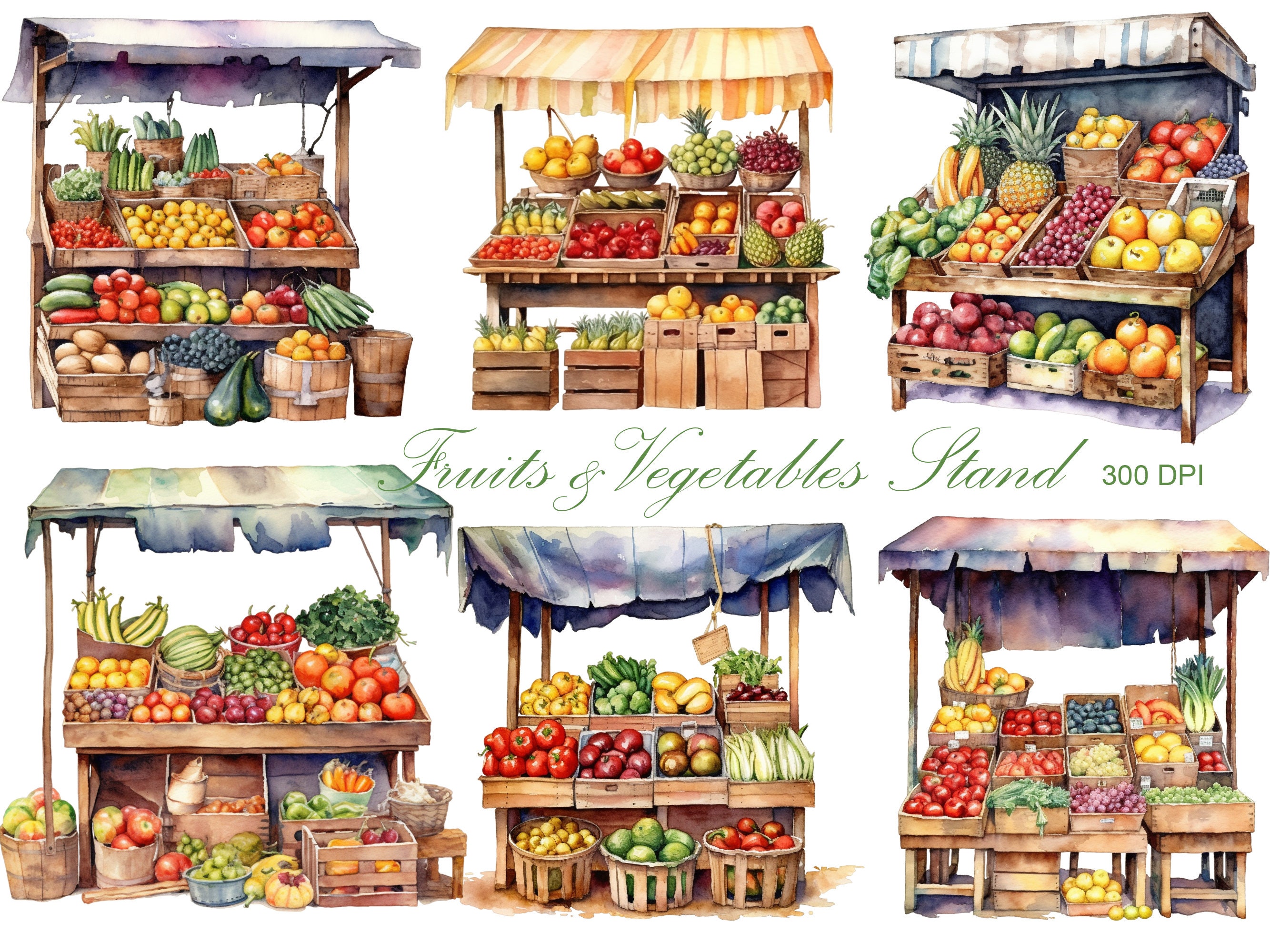Watercolor Vegetable Stand Clipart, Fruits and Vegetables Commercial ...