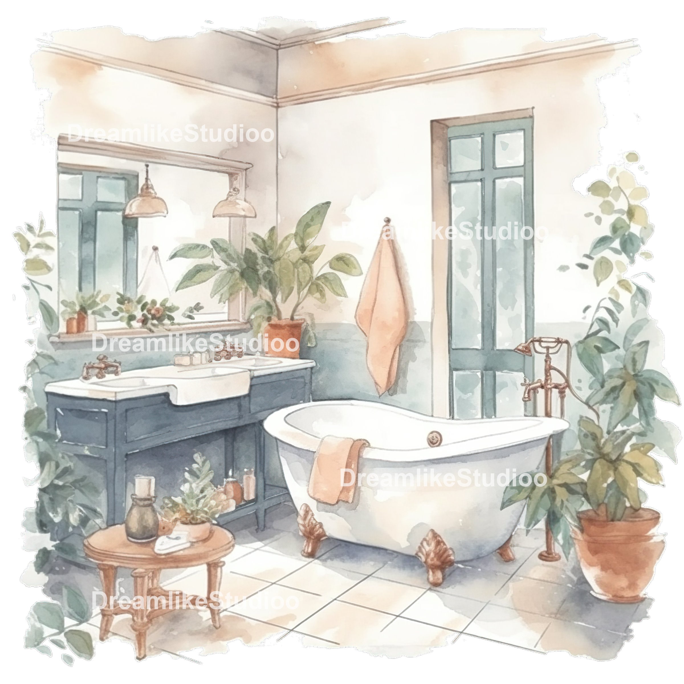 Watercolor Bathroom Cliparts, Commercial Use Clipart, Cottage Interior ...