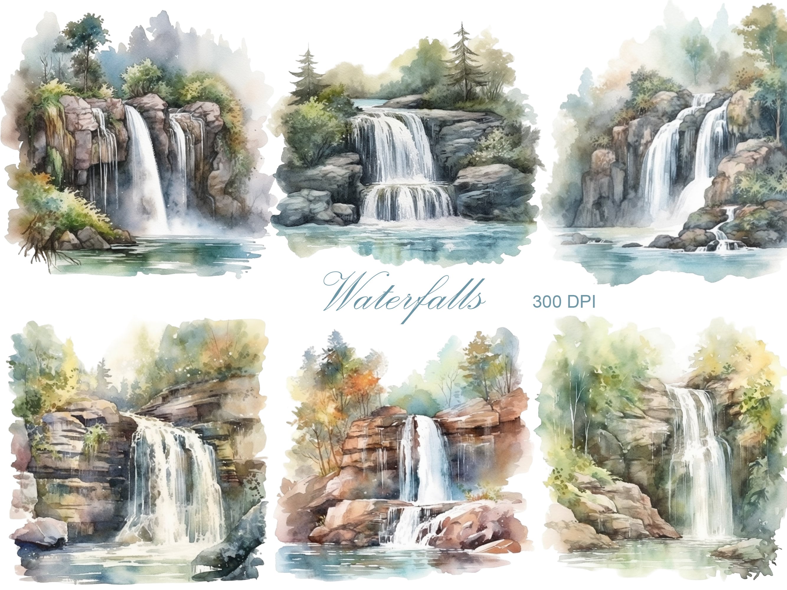 Watercolor Waterfall Clipart Bundle, Commercial Use Landscape Clipart ...