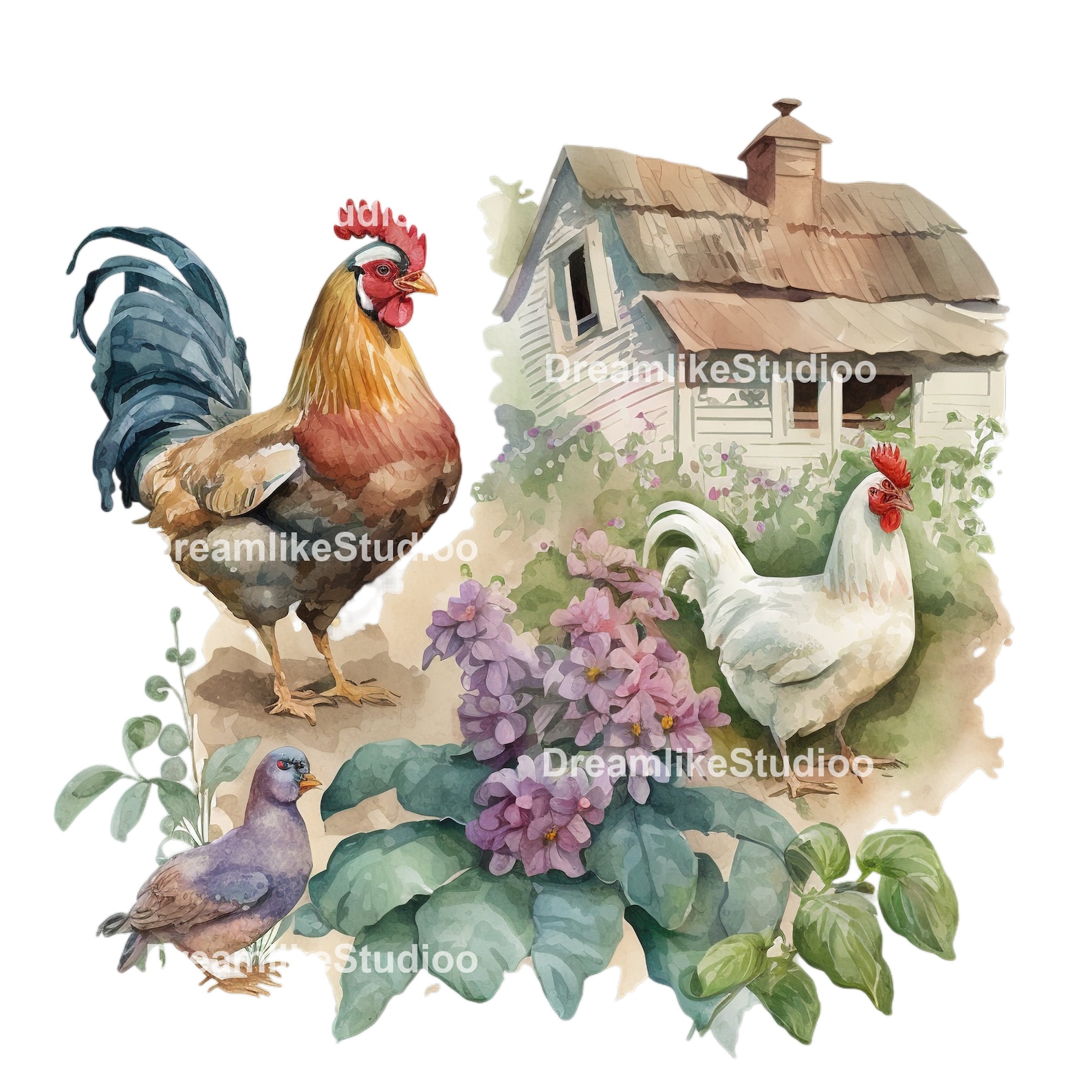Hens and Roosters Clipart, Commercial Use, Rural Scene Clipart ...